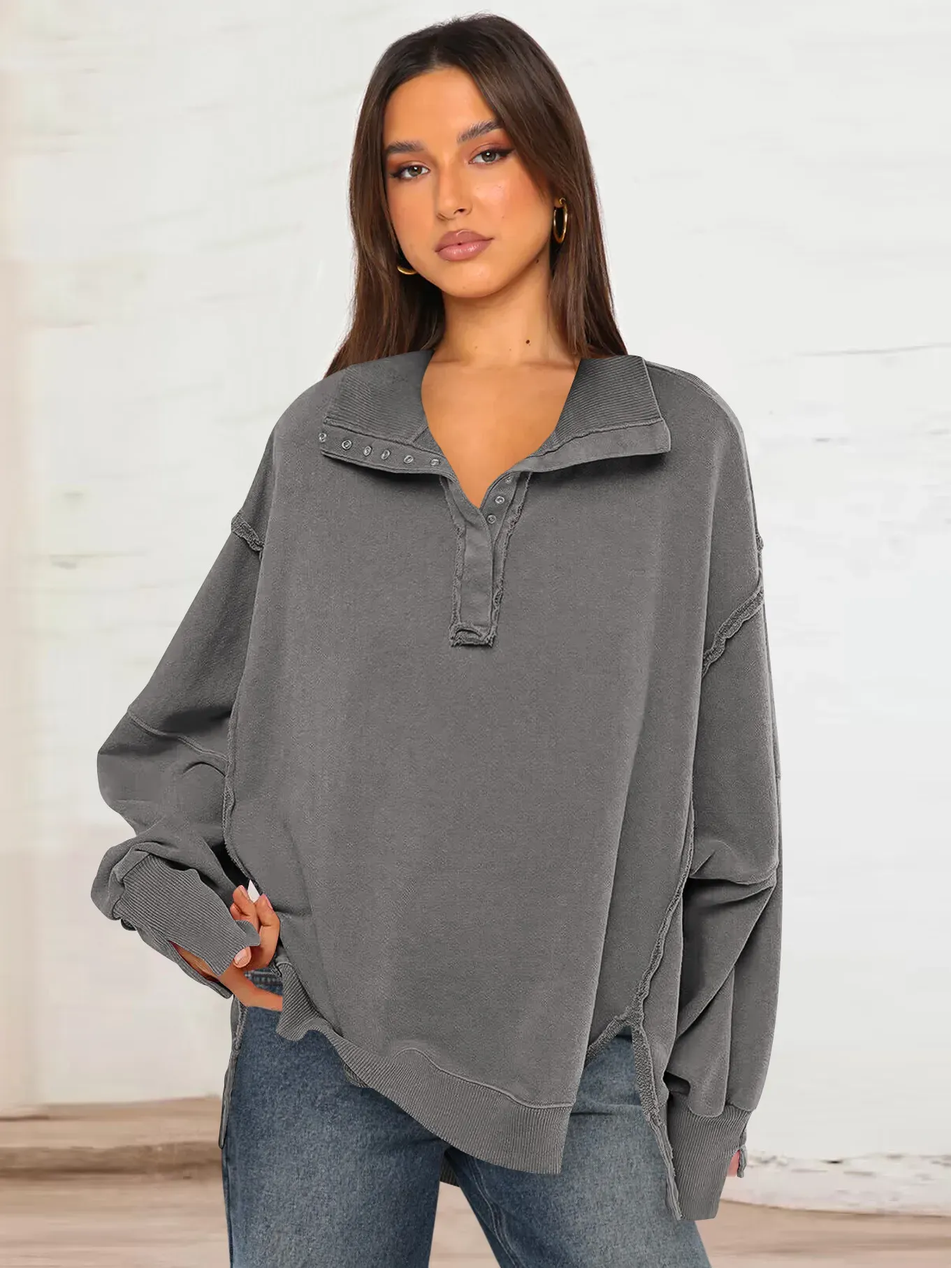 Grey Solid Oversized Sweatshirt - NEWME