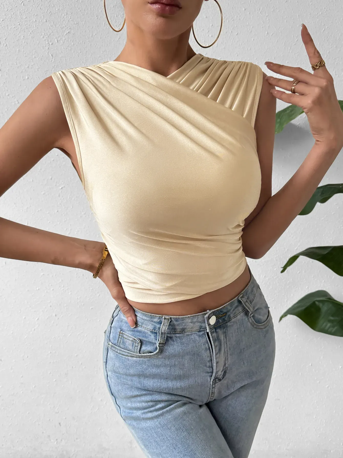 Beige Surplice Neck Draped Top - NEWME