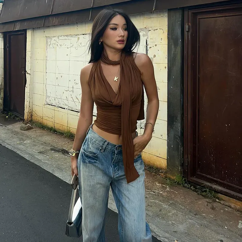 Brown Cowl Neck Solid Crop Top - NEWME