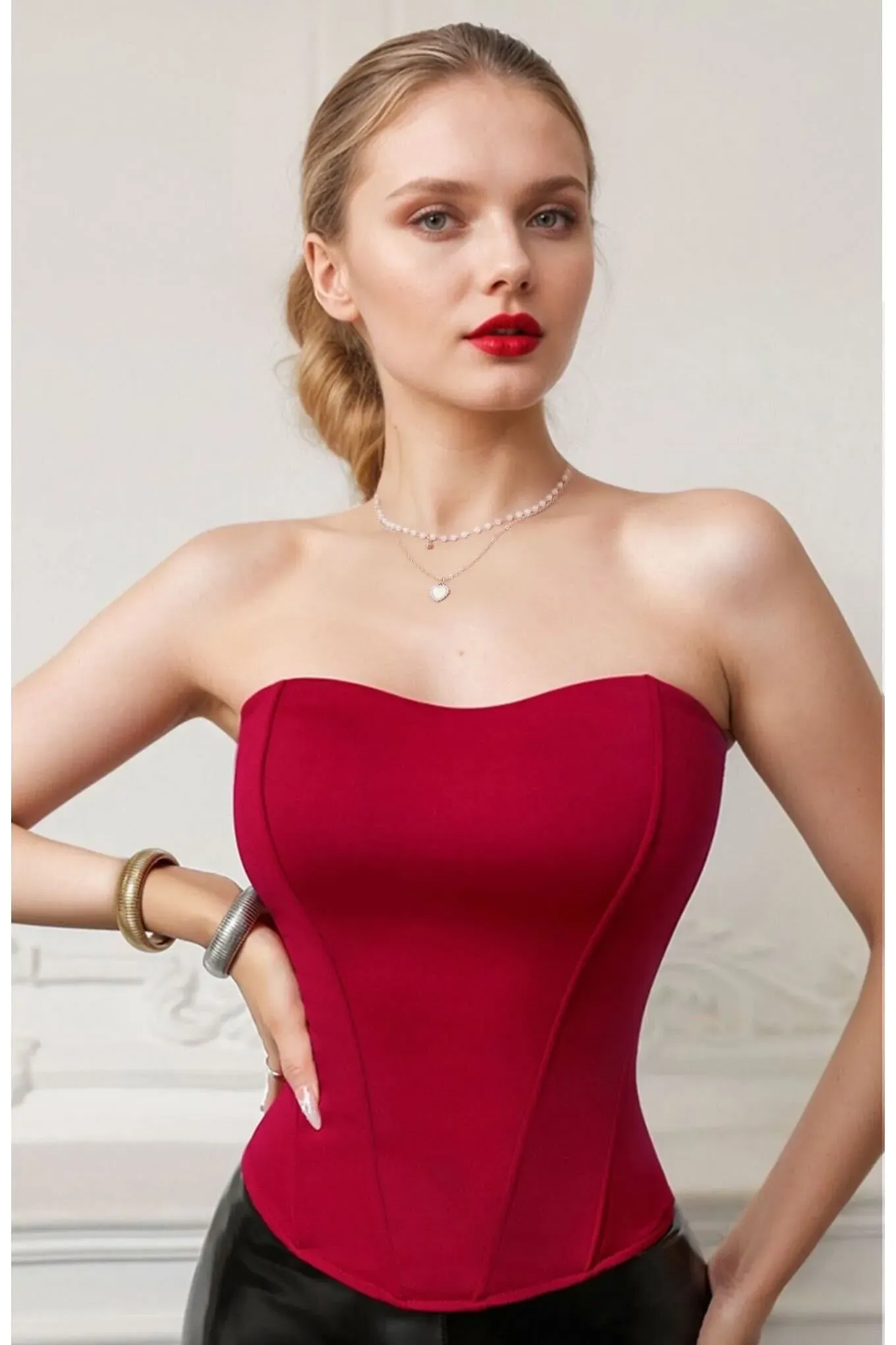 Maroon Sweetheart Neck Corset - NEWME