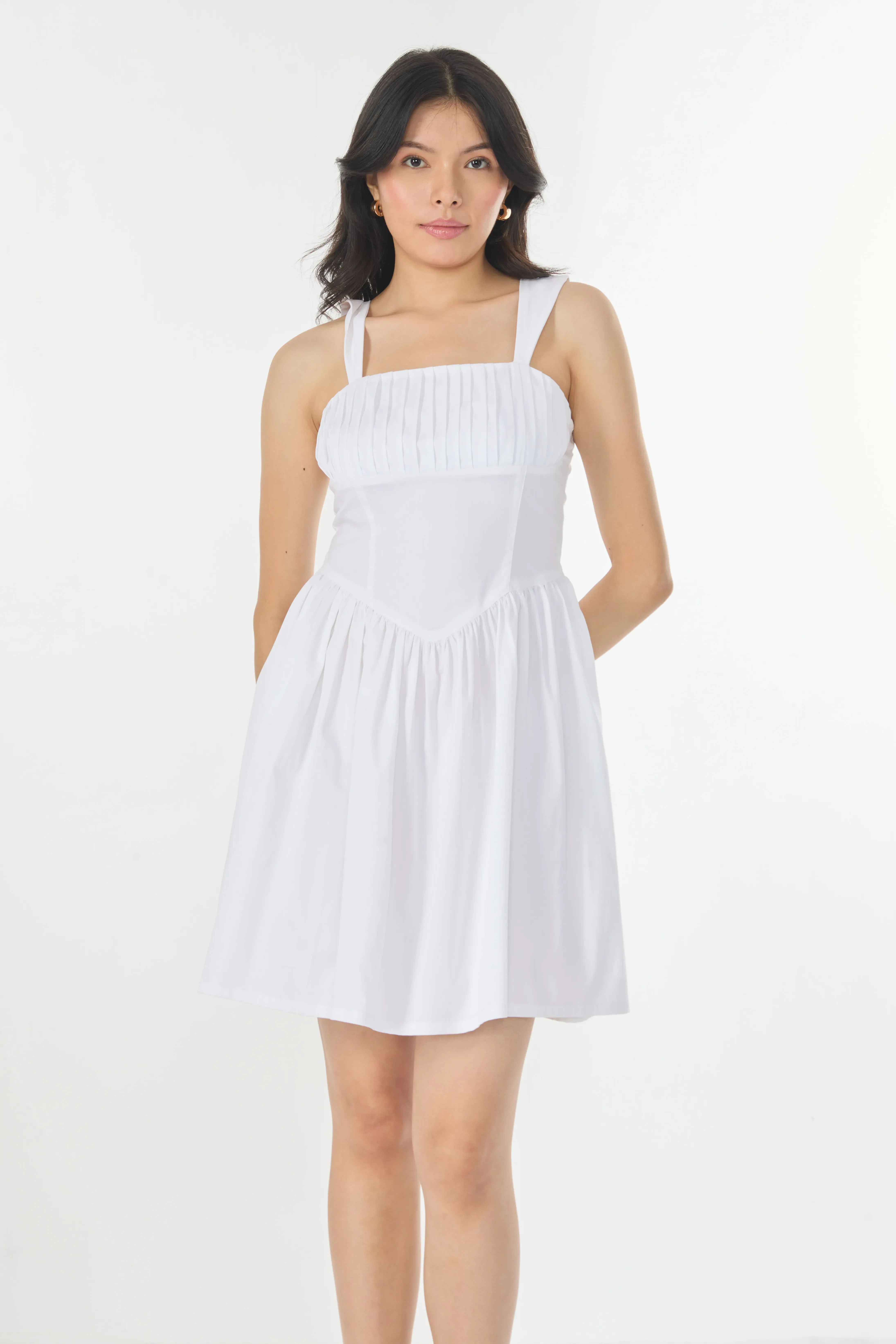 White Solid Gathered Mini Dress - NEWME