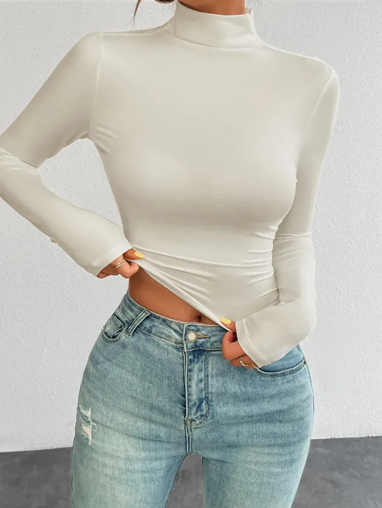 Off White Solid High Neck Crop Top - NEWME