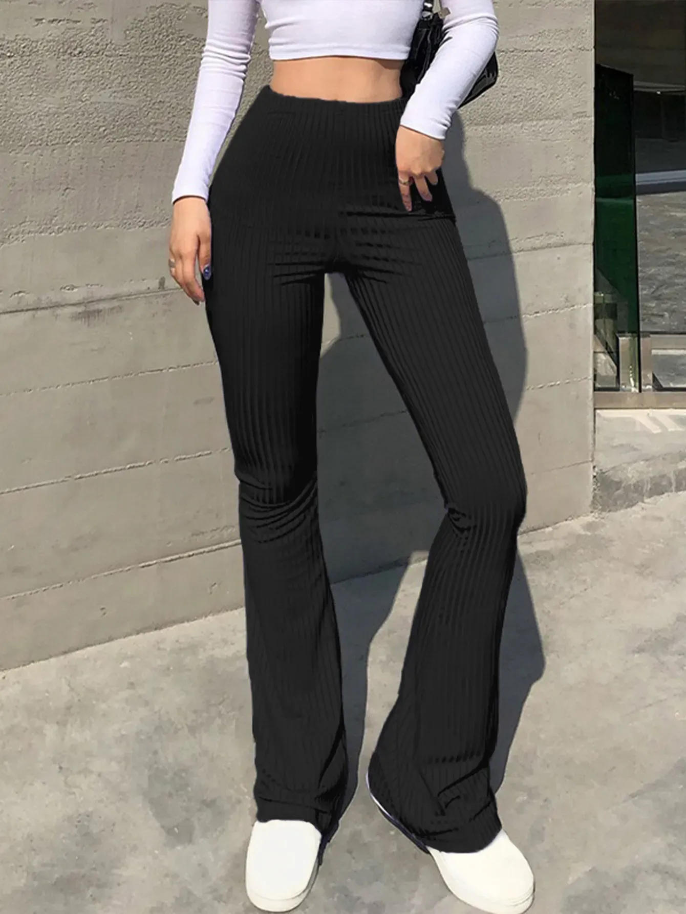 Black Ribbed Boot Cut Trousers - NEWME