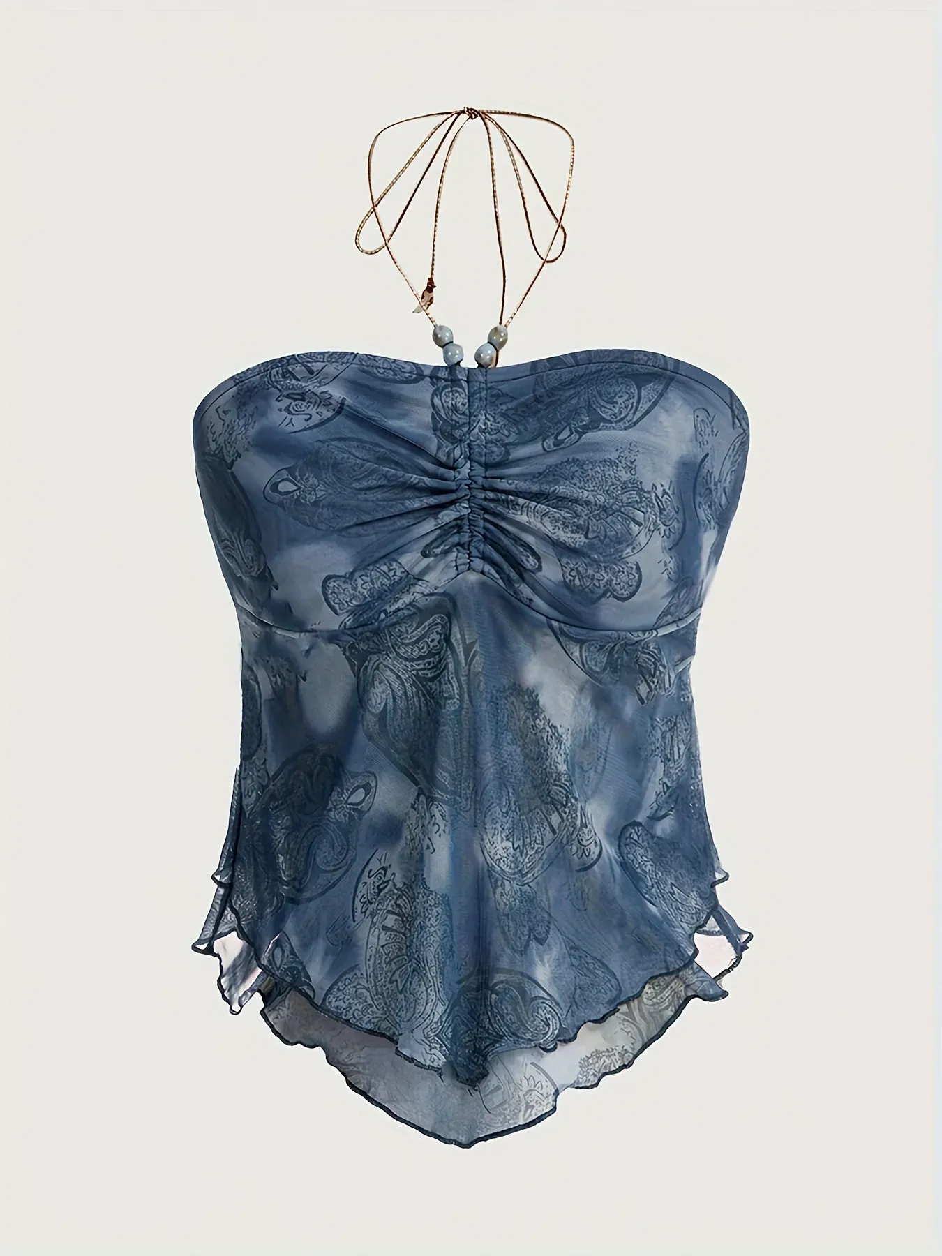 Dark Blue Ruched Halter Neck Layered Top - NEWME