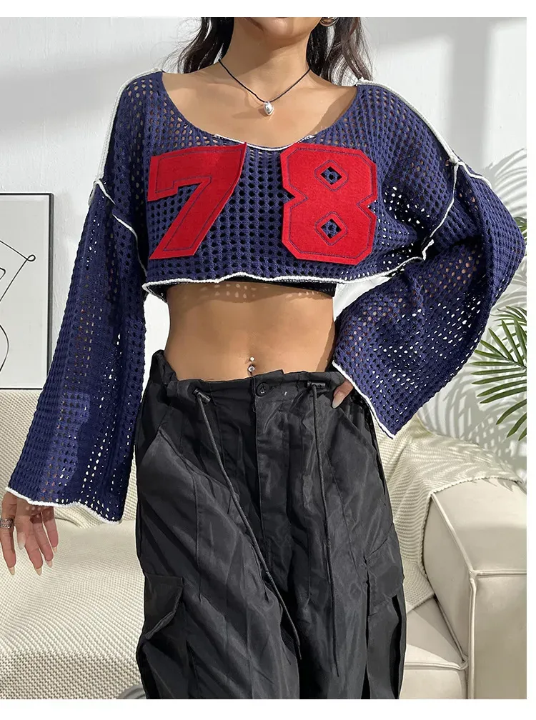 Navy Numeric Pattern Relaxed Crop Top - NEWME