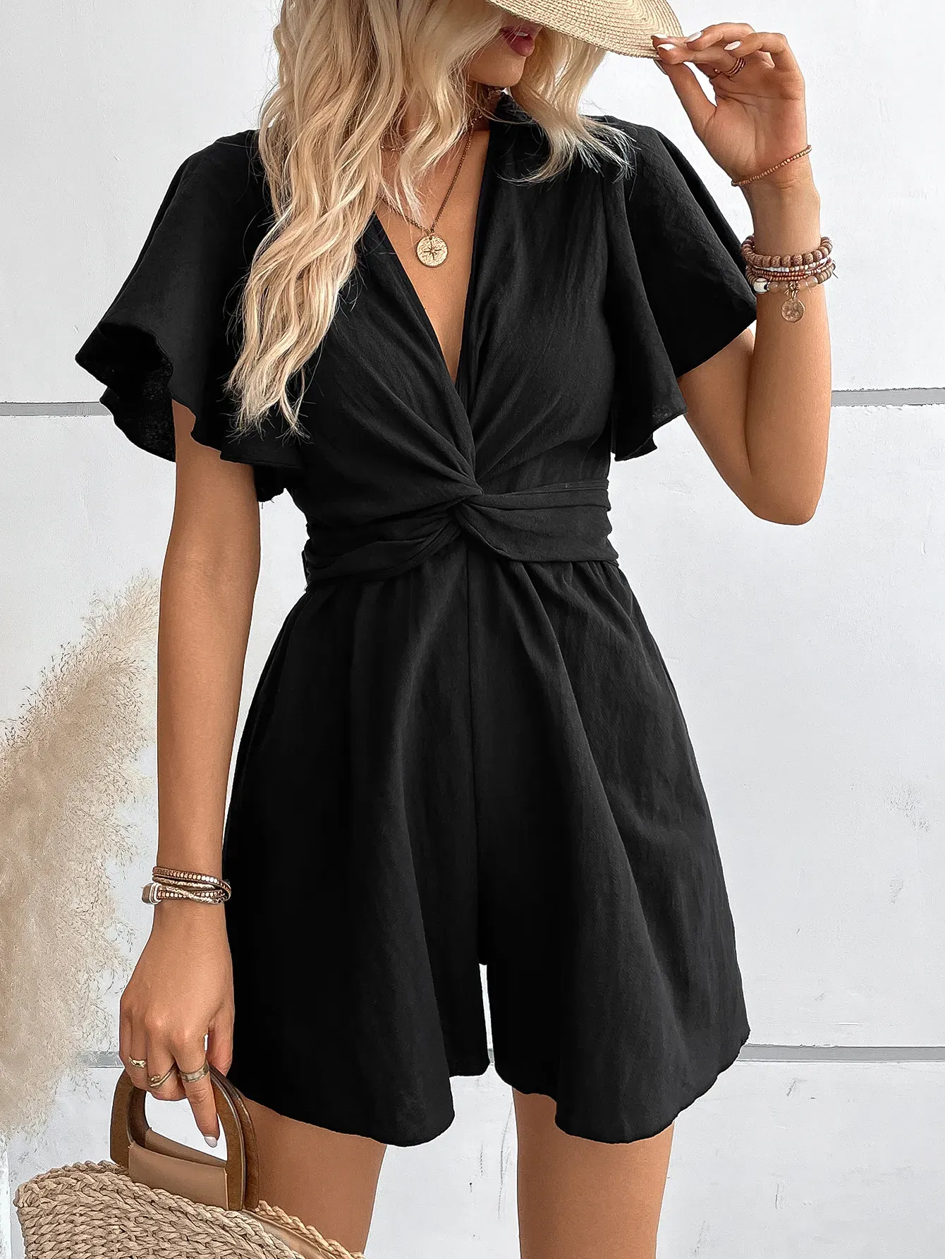 Black Solid Twist Detail Playsuit - NEWME