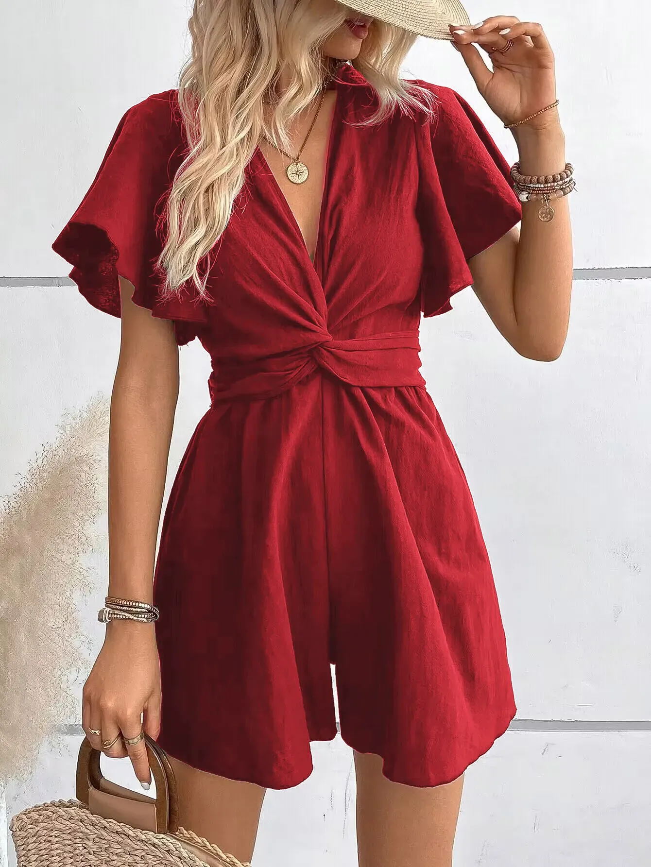 Maroon Solid Twist Detail Playsuit - NEWME
