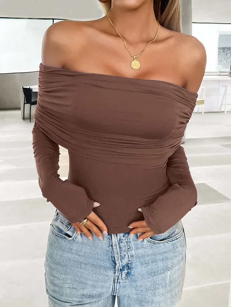 Brown Solid Fitted Off Shoulder Top - NEWME