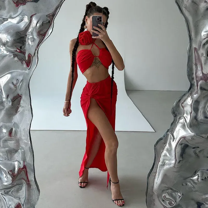 Red Solid Flower Co Ord Set - NEWME