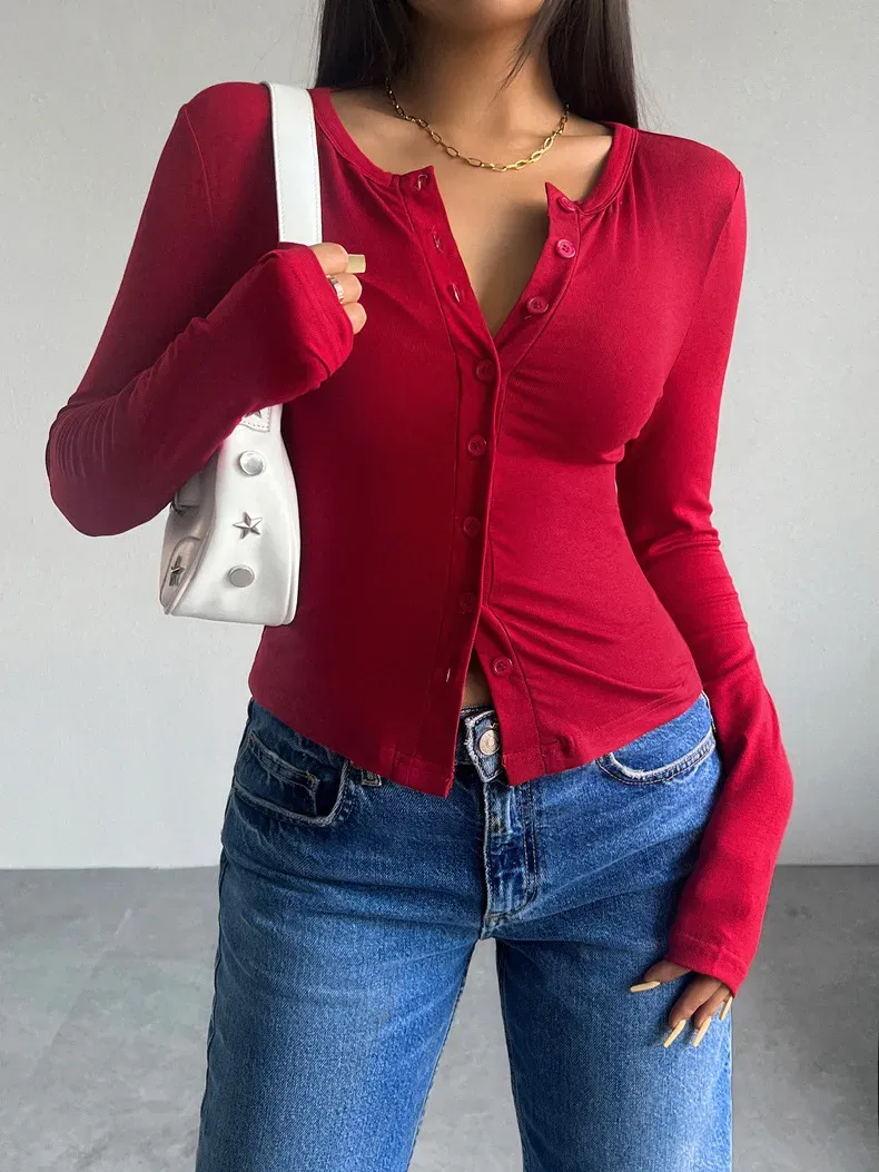 Red Solid V-Neck Top - NEWME
