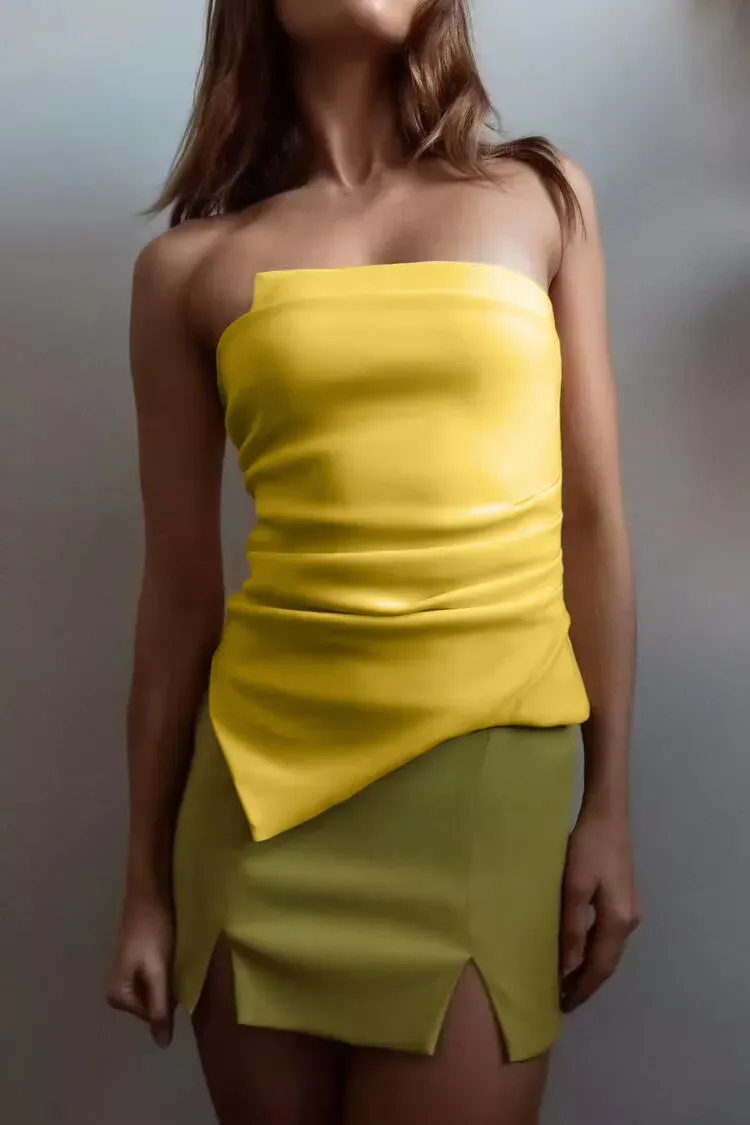 Yellow Solid Draped Stylised Top - NEWME