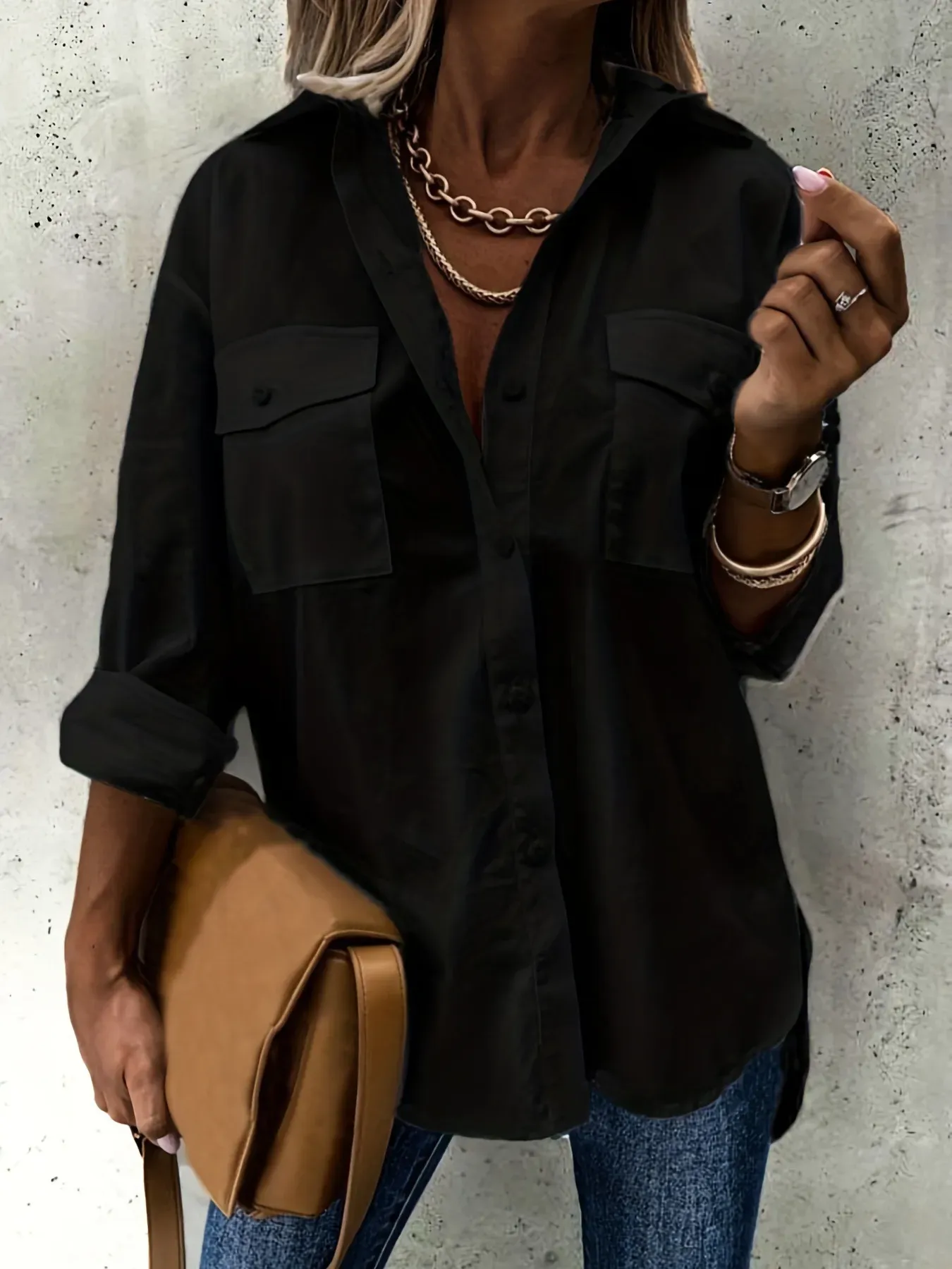 Black Solid Double Pocket Shirt - NEWME