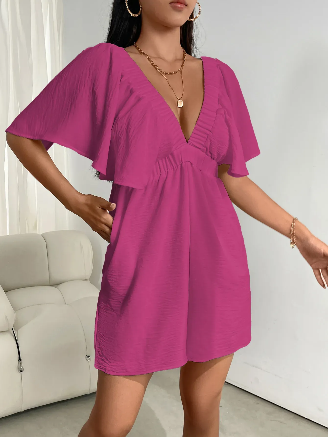 Pink Plunging Neck Gathered Playsuit - NEWME