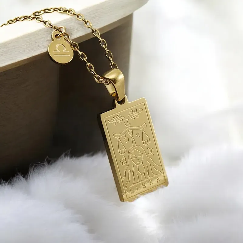 Imitation Zodiac Sign Libra Themed Statement Tag Necklace - NEWME