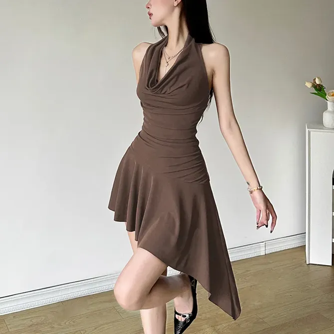 Brown Draped Cowl Neck Micro Mini Dress - NEWME
