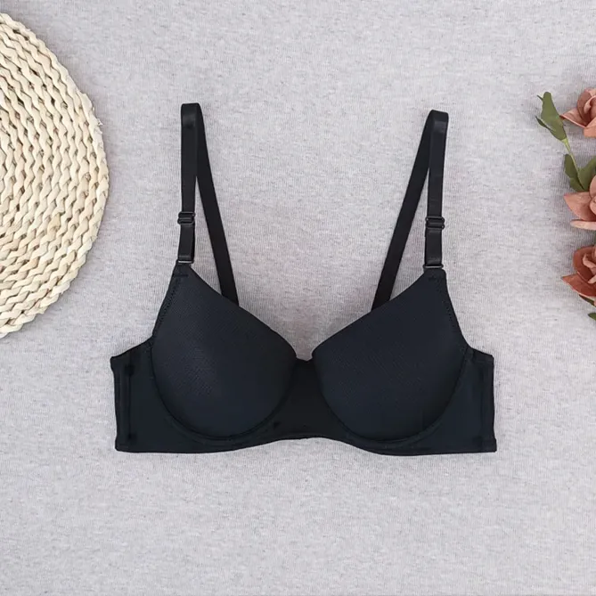 Black Solid Half-Coverage Push-up push up Bra - NEWME
