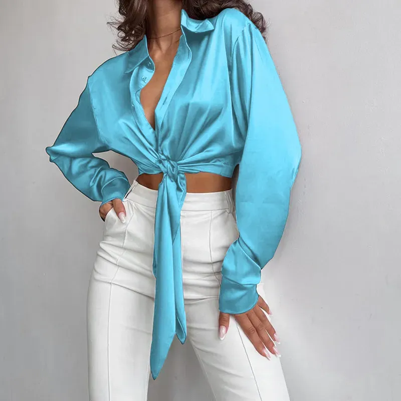 Turquoise Solid Tie Up Shirt Style Top - NEWME