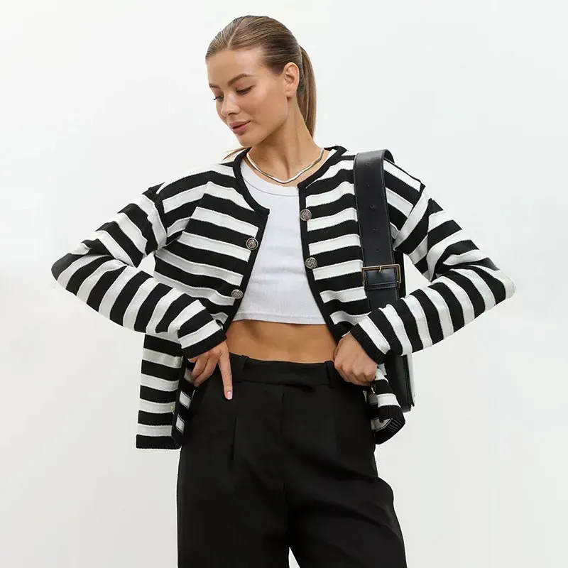 Black Striped Round Neck Jacket - NEWME