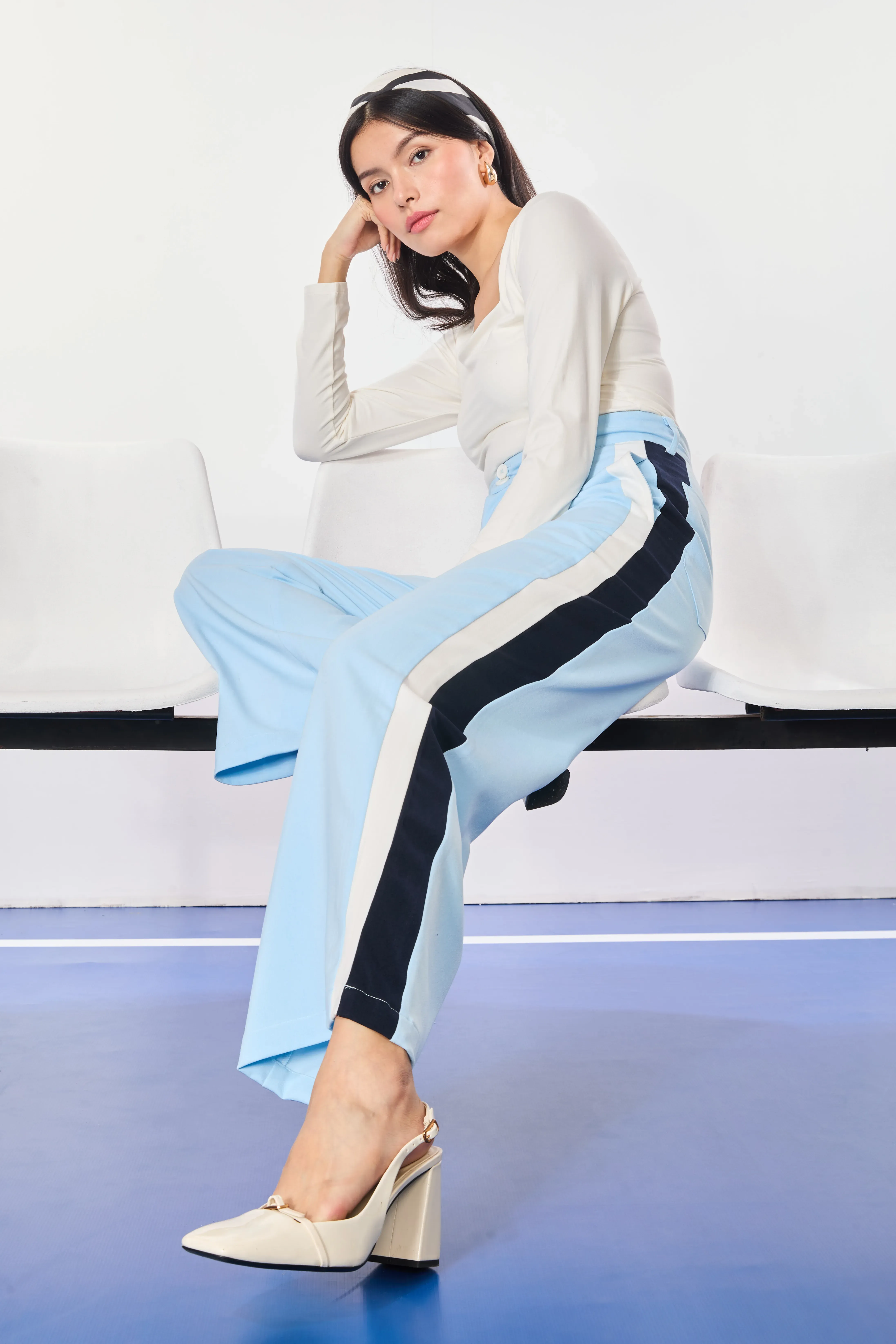 Light Blue Color Block Trousers - NEWME