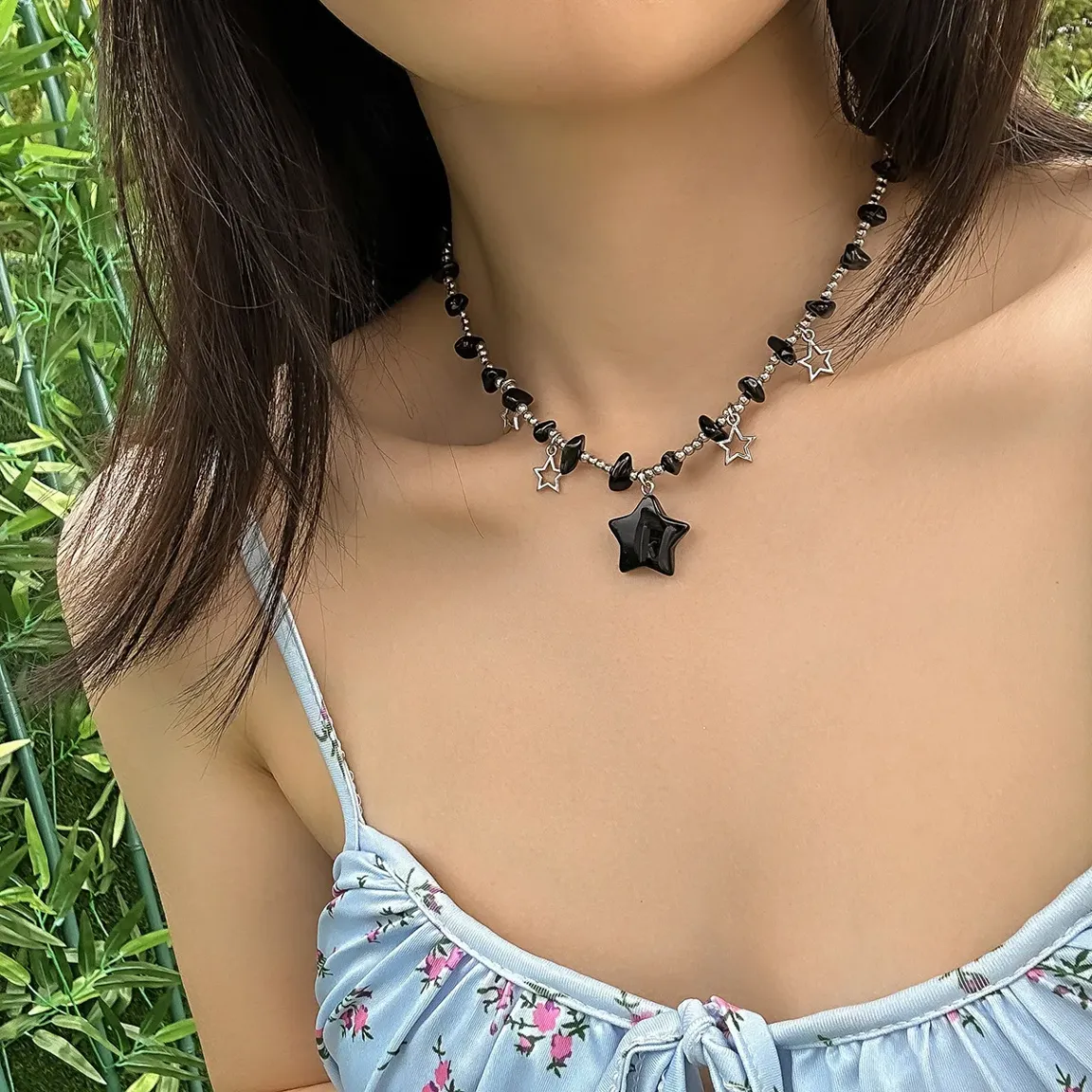 Imitation Black Star Beaded Choker Necklace NEWME