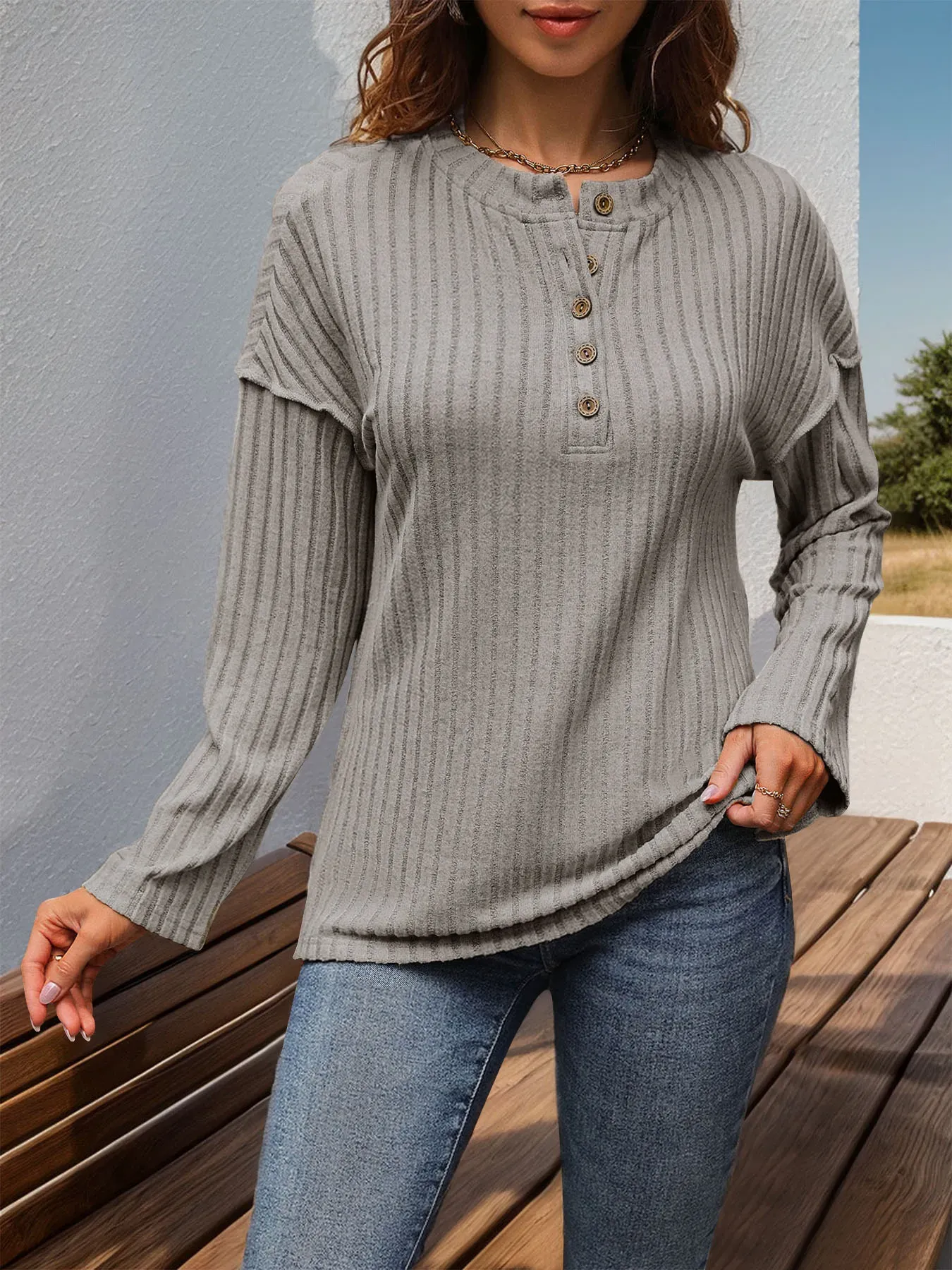 Grey Round Neck Ribbed Sweater Top - NEWME
