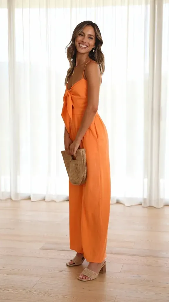 Orange Solid Knot Jumpsuit - NEWME