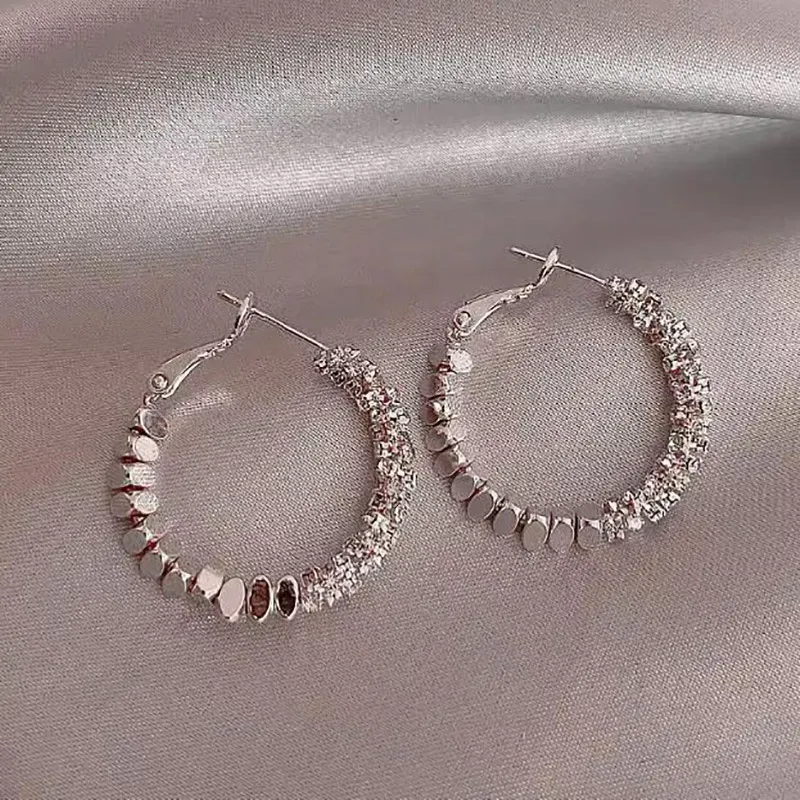 Imitation Silver Beaded Hoop Earrings - NEWME