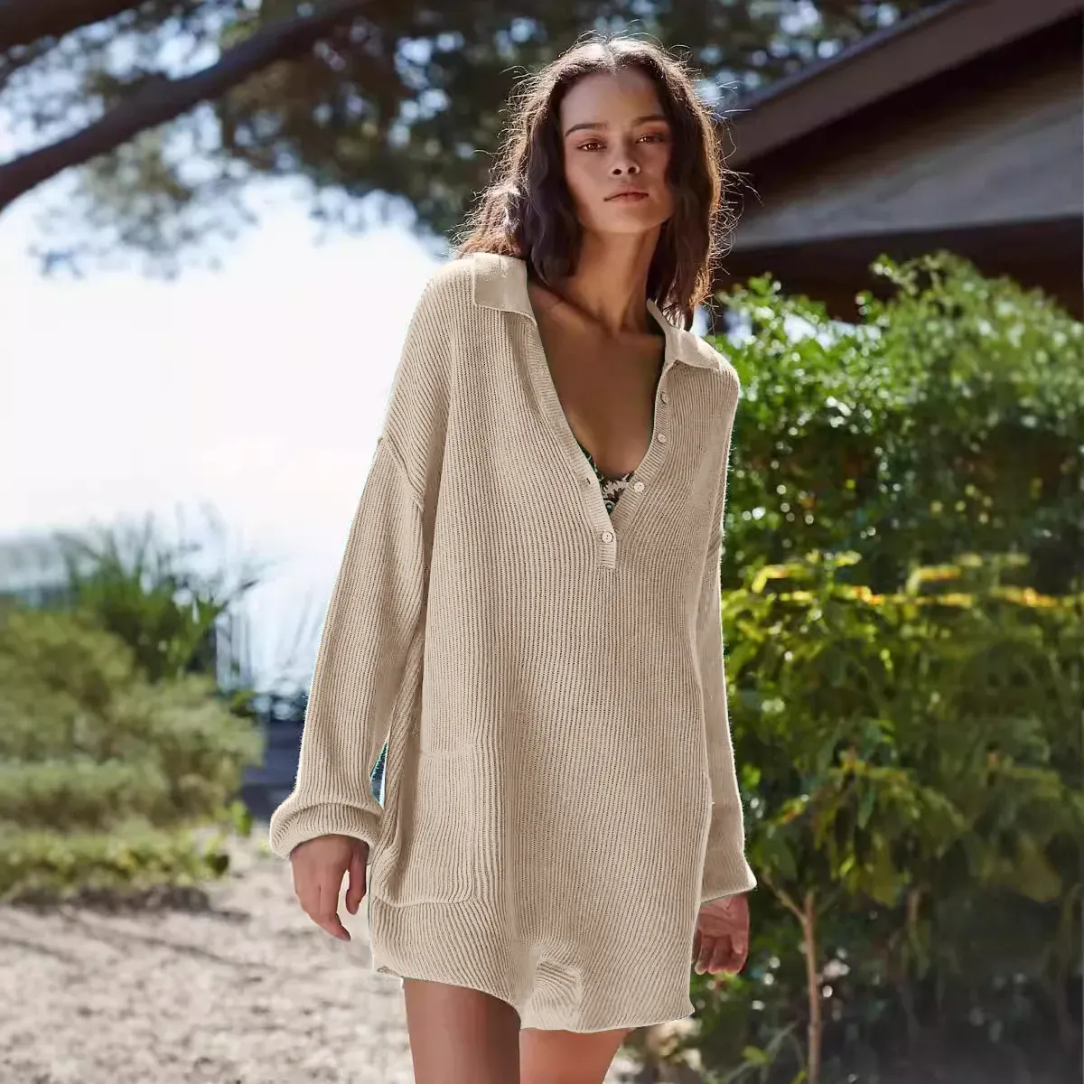 Beige Solid Spread Neck Playsuit - NEWME