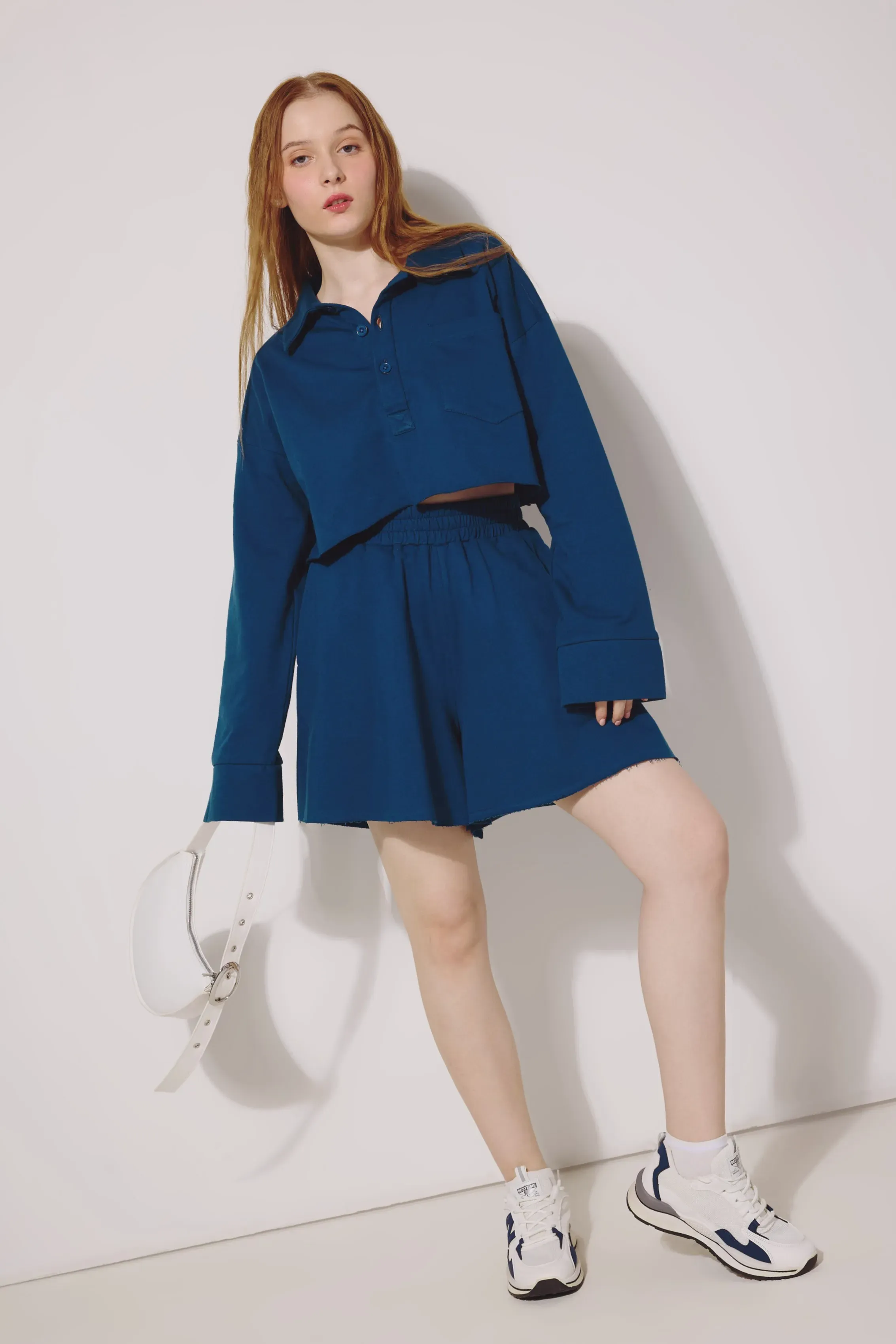 Blue Oversized Cropped Shirt And Shorts Set - NEWME