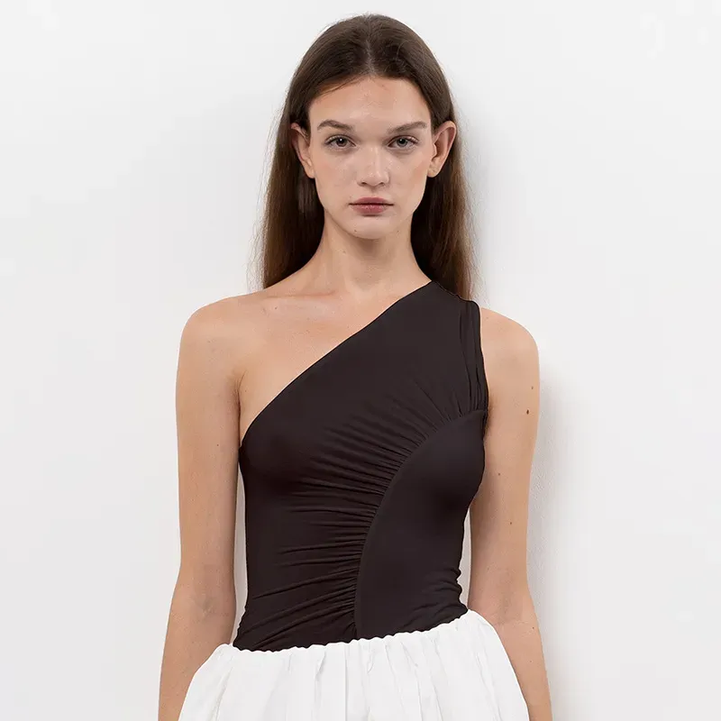 Black Solid Ruched Asymmetric Top - NEWME