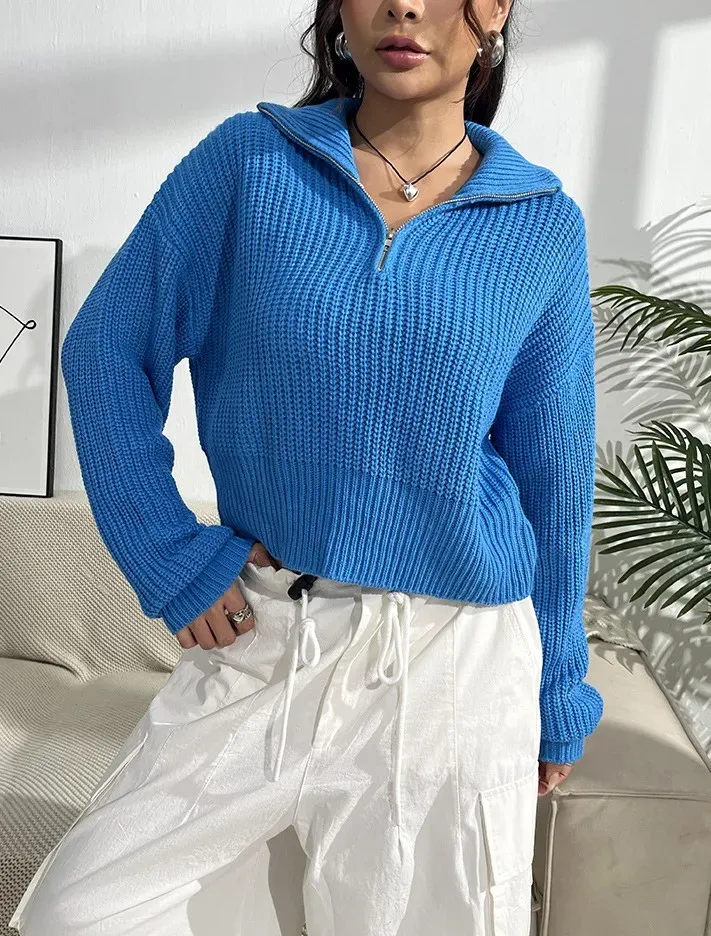 Blue Solid High Neck Sweater - NEWME