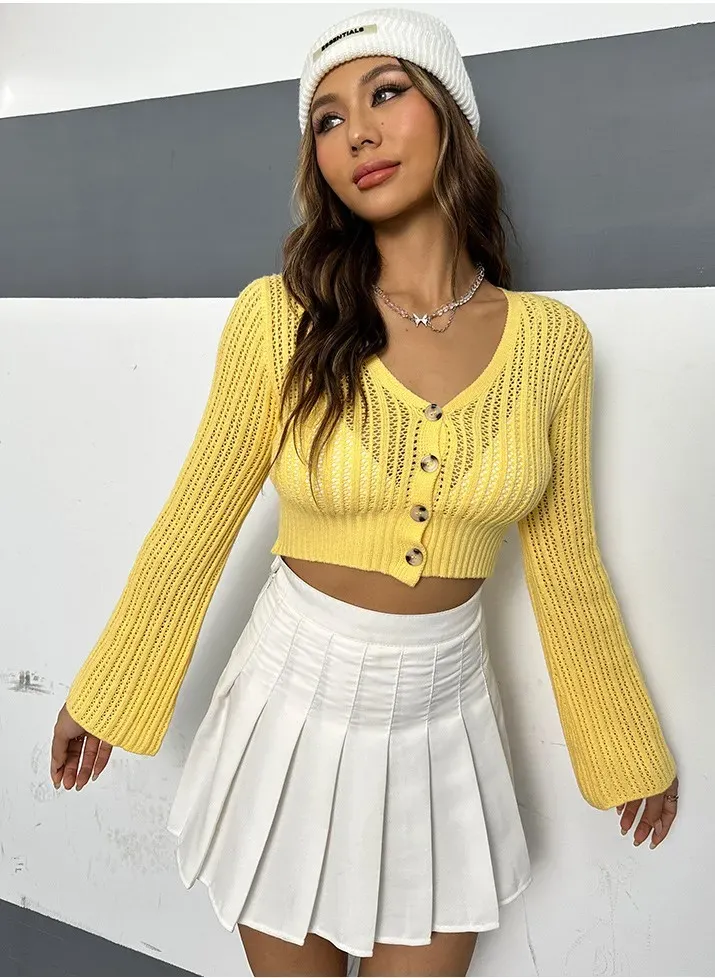 Yellow Button Down Cropped Cardigan - NEWME