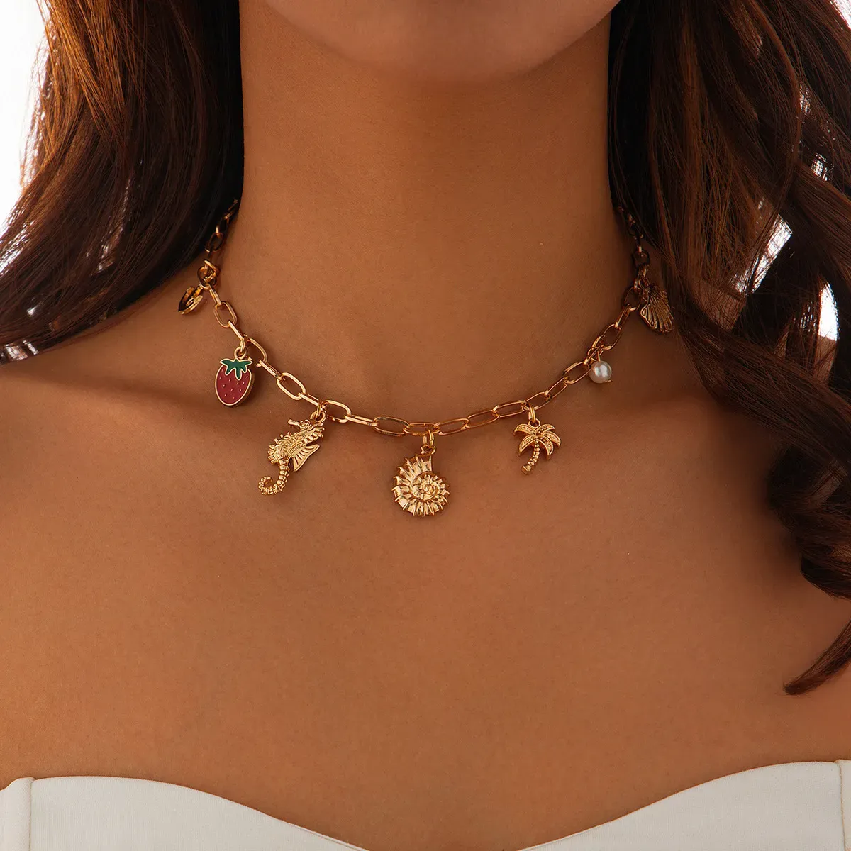 Imitation Gold Tropical Charm Necklace - NEWME