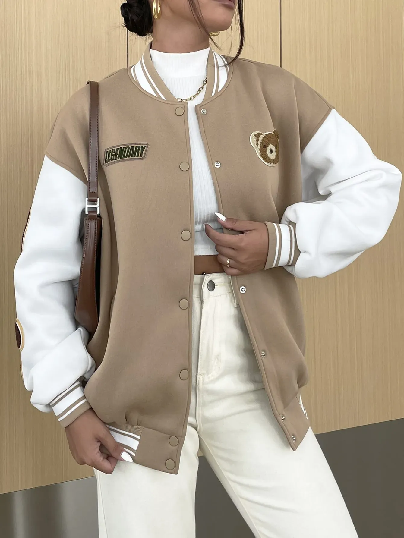 Khaki Color Blocked Varsity Jacket - NEWME