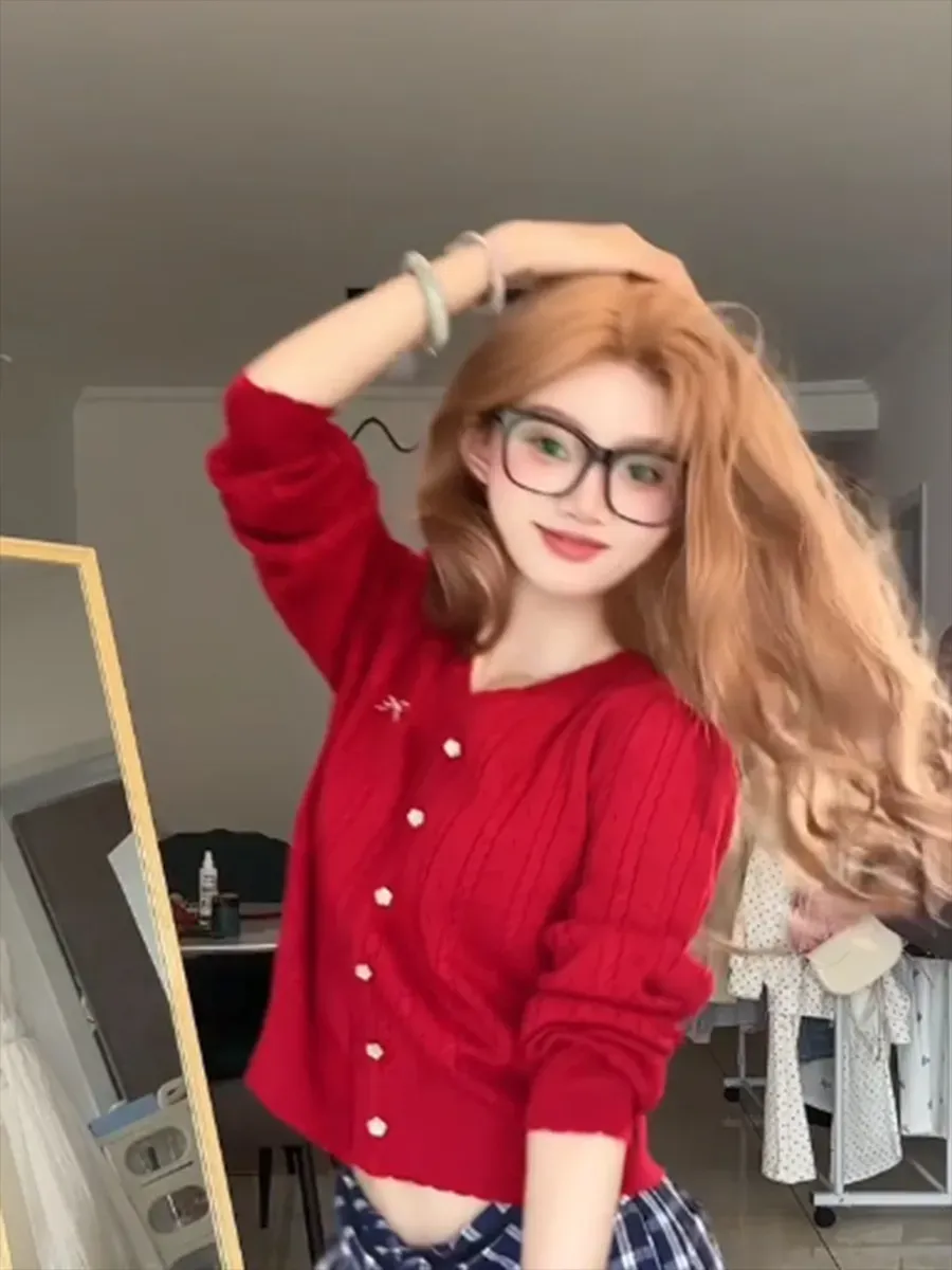 Red Solid Cropped Cardigan - NEWME