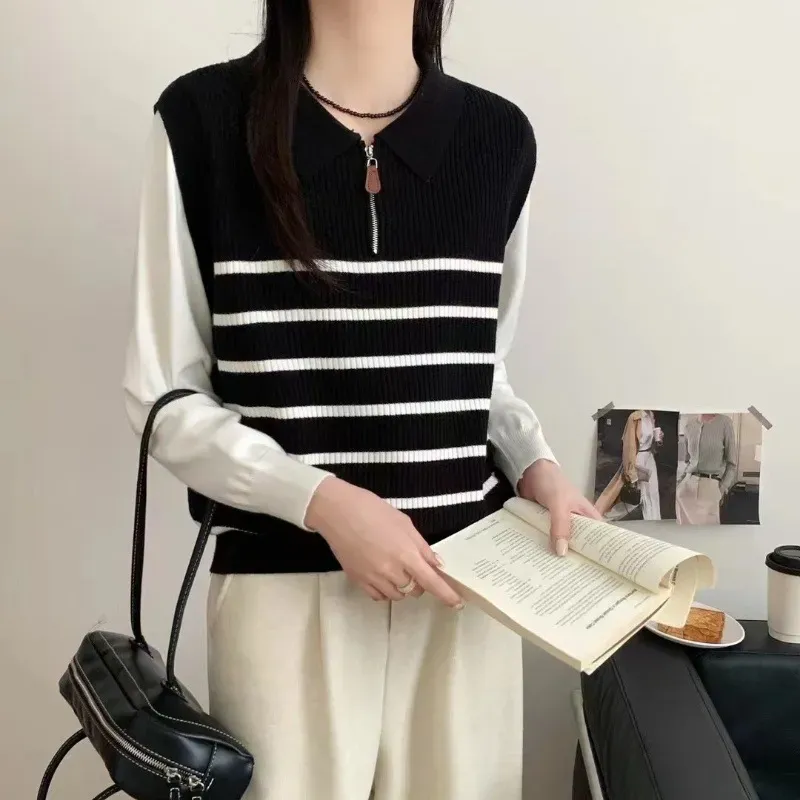 Black Striped Spread Collar Sweater Vest With Attached Sleeves - NEWME