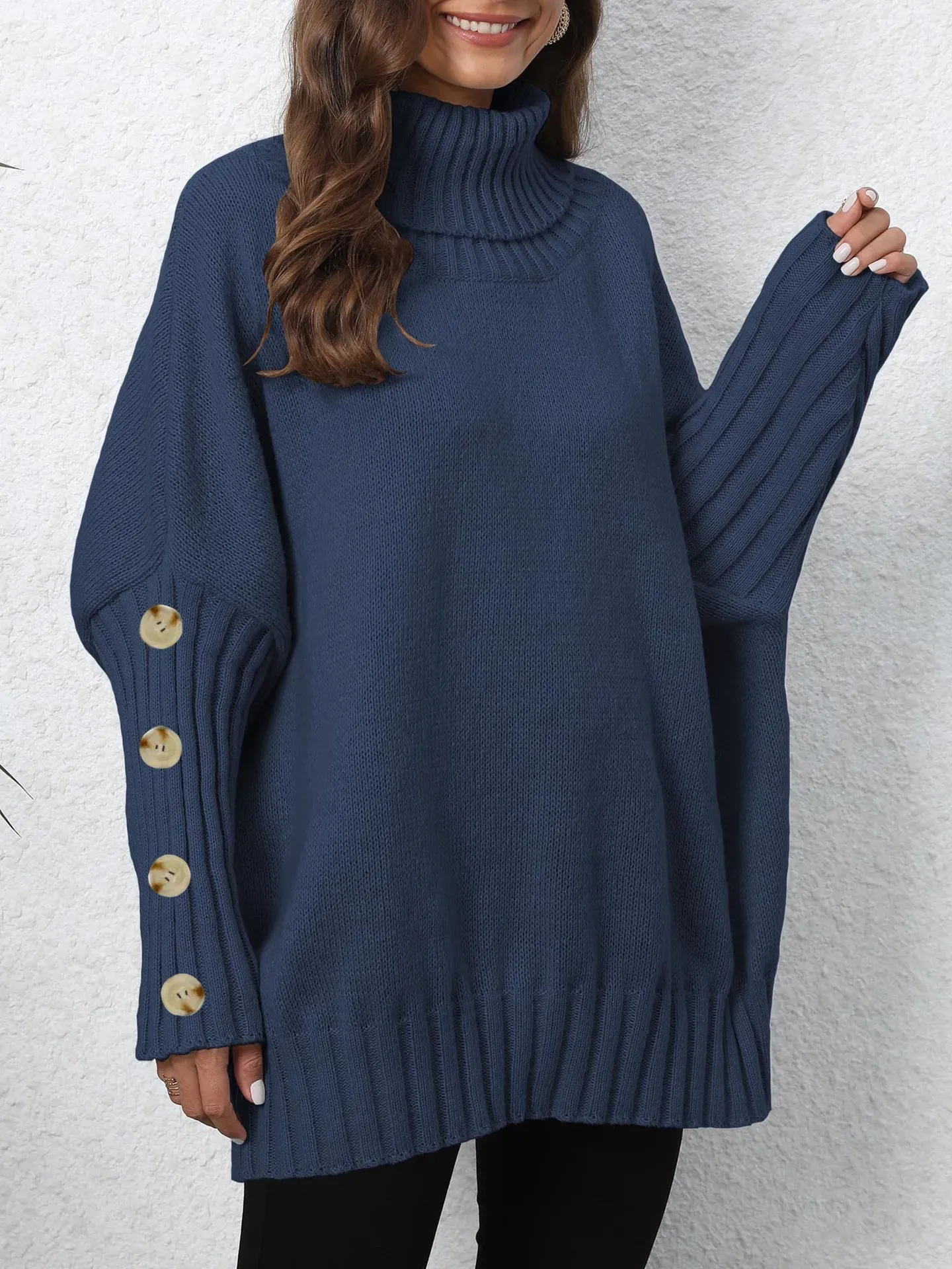 Navy Blue Solid Bishop Sleeve Sweater - NEWME