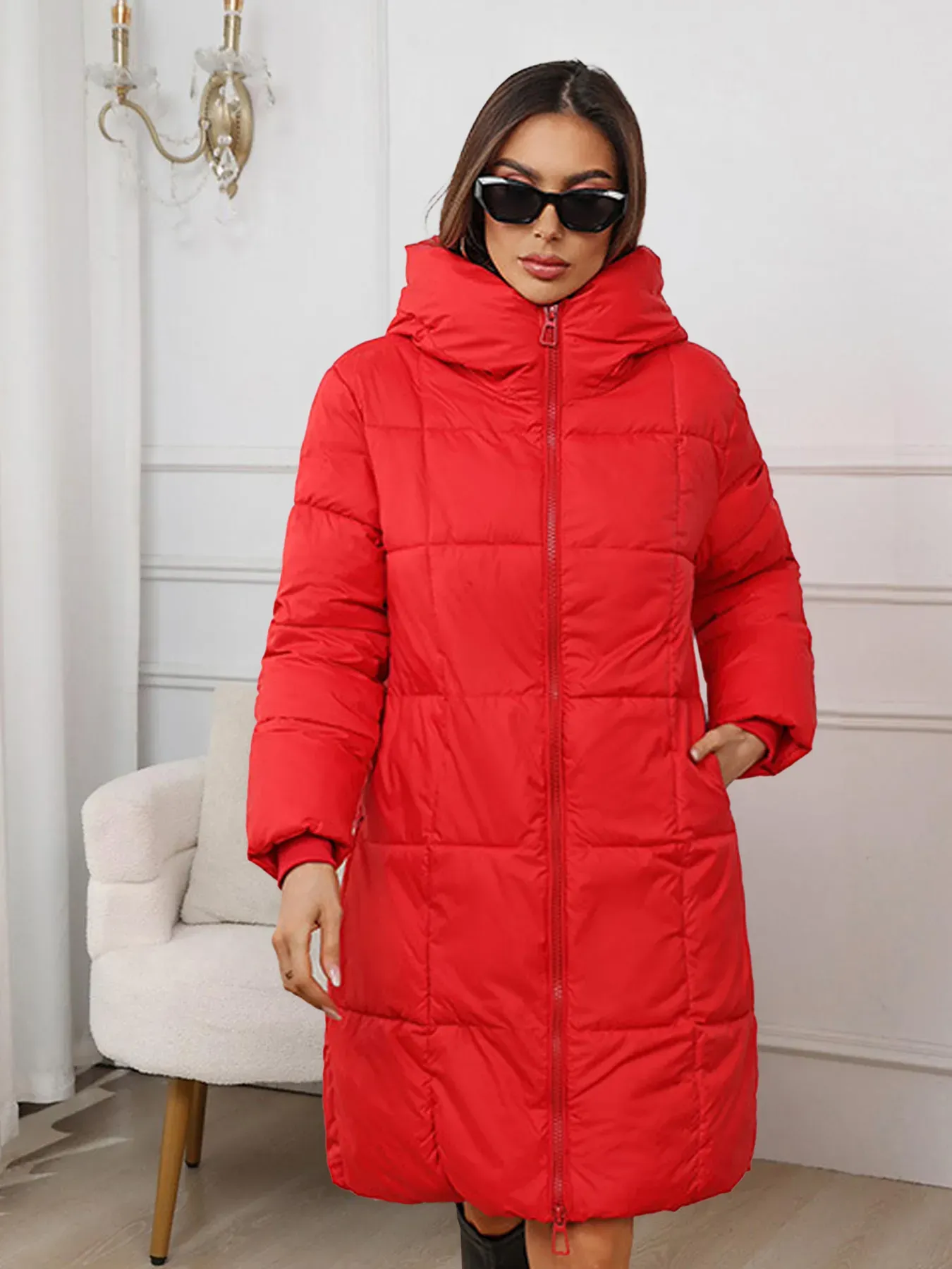 Red Solid Puffer Fur Detail Long Jacket - NEWME