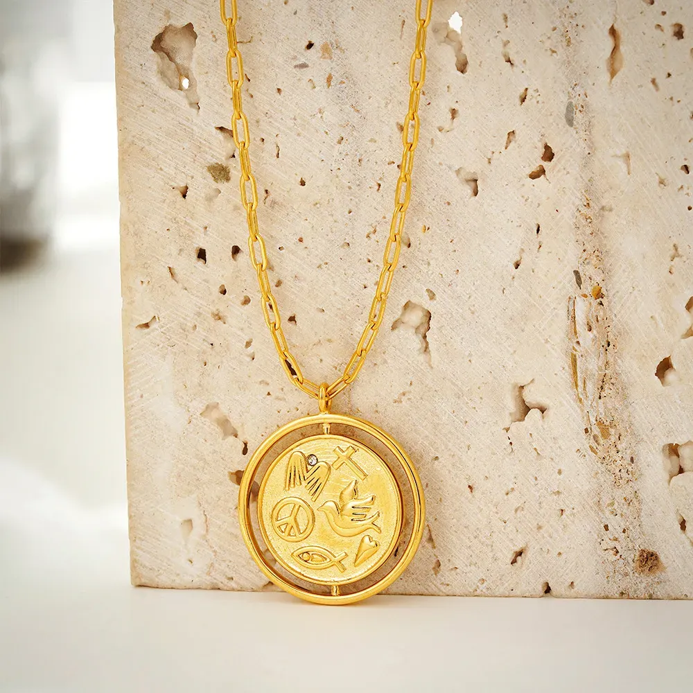 Imitation Gold Peace Emblem Pendant Necklace - NEWME