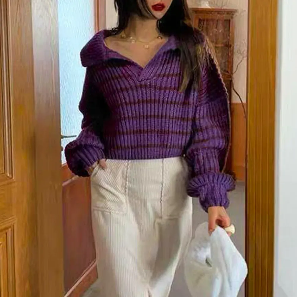 Purple Striped Relaxed Cropped Sweater - NEWME