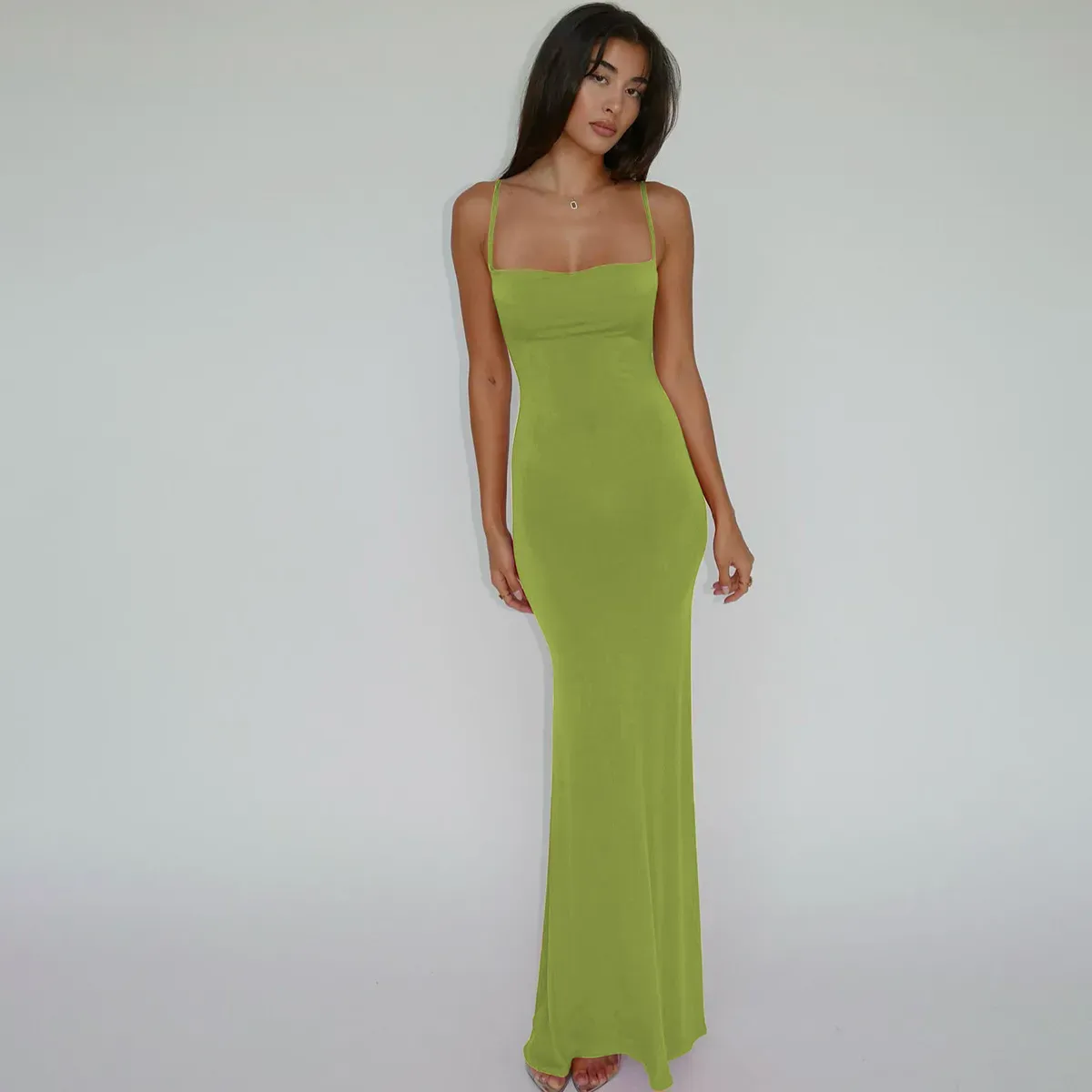 Green Solid Spaghetti Straps Bodycon Dress - NEWME