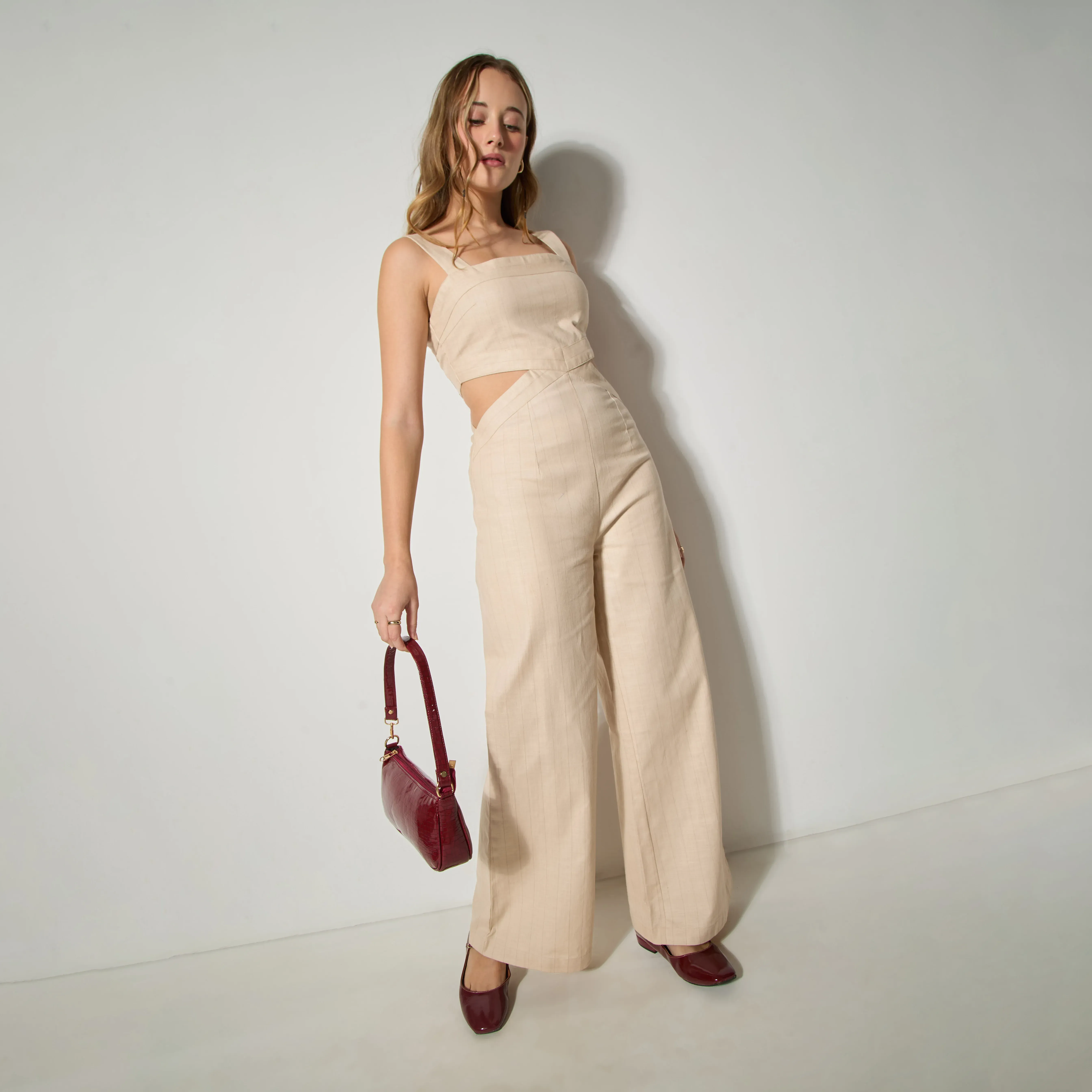 Beige Side Cut-Out Striped Jumpsuit - NEWME