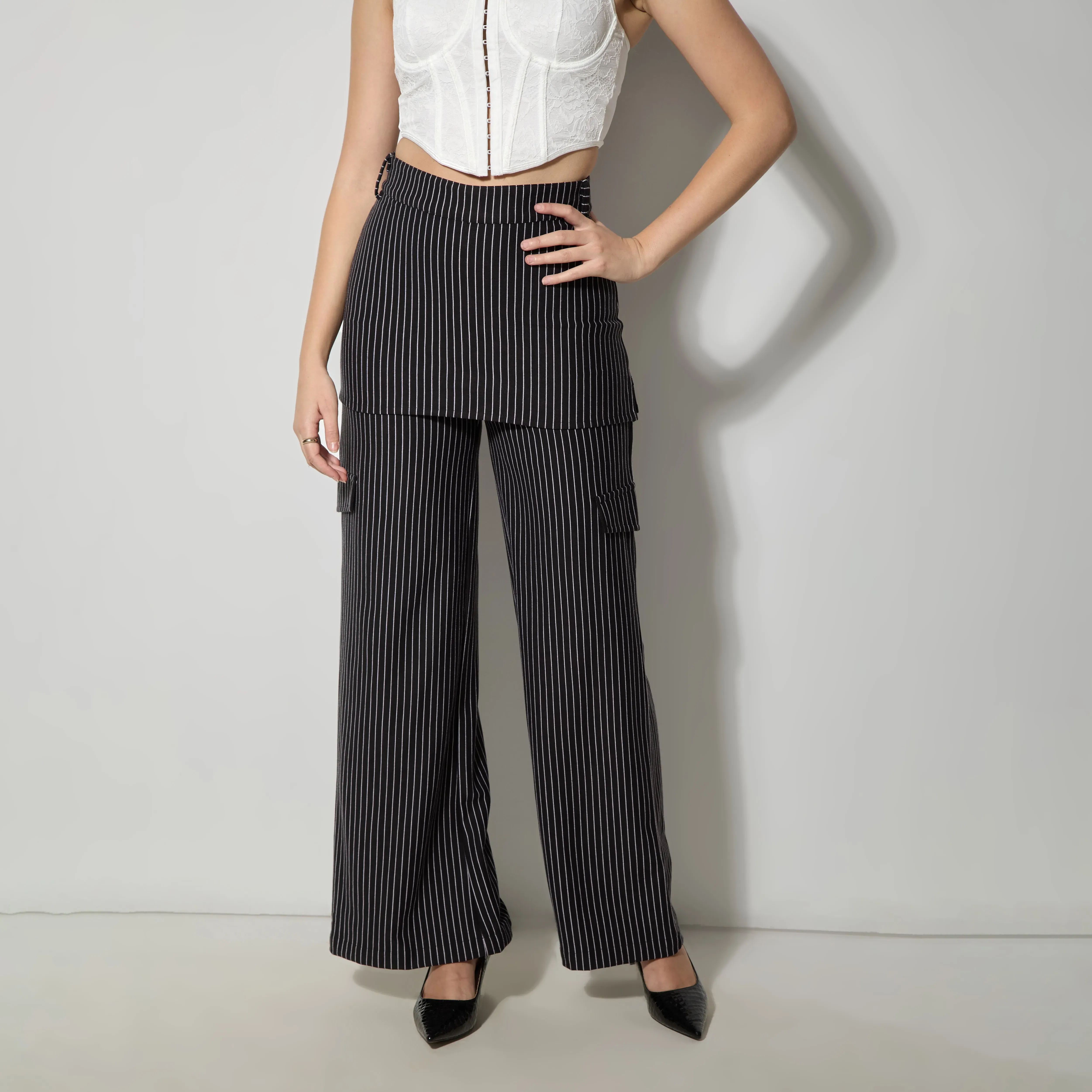 Black Stripes Printed Skirt Trousers - NEWME