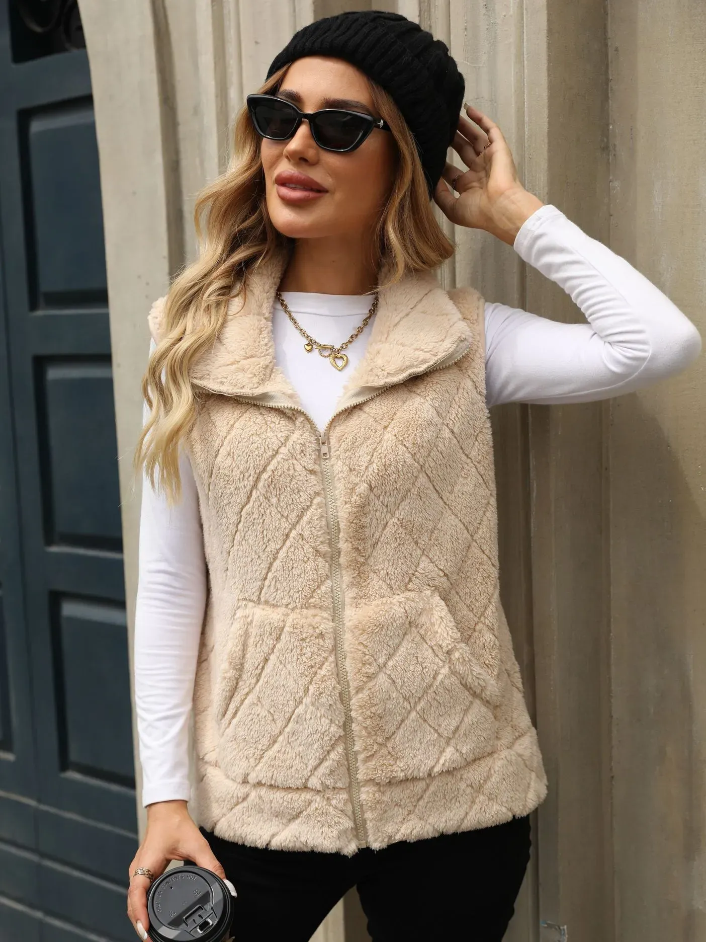 Beige Solid Fur Jacket - NEWME