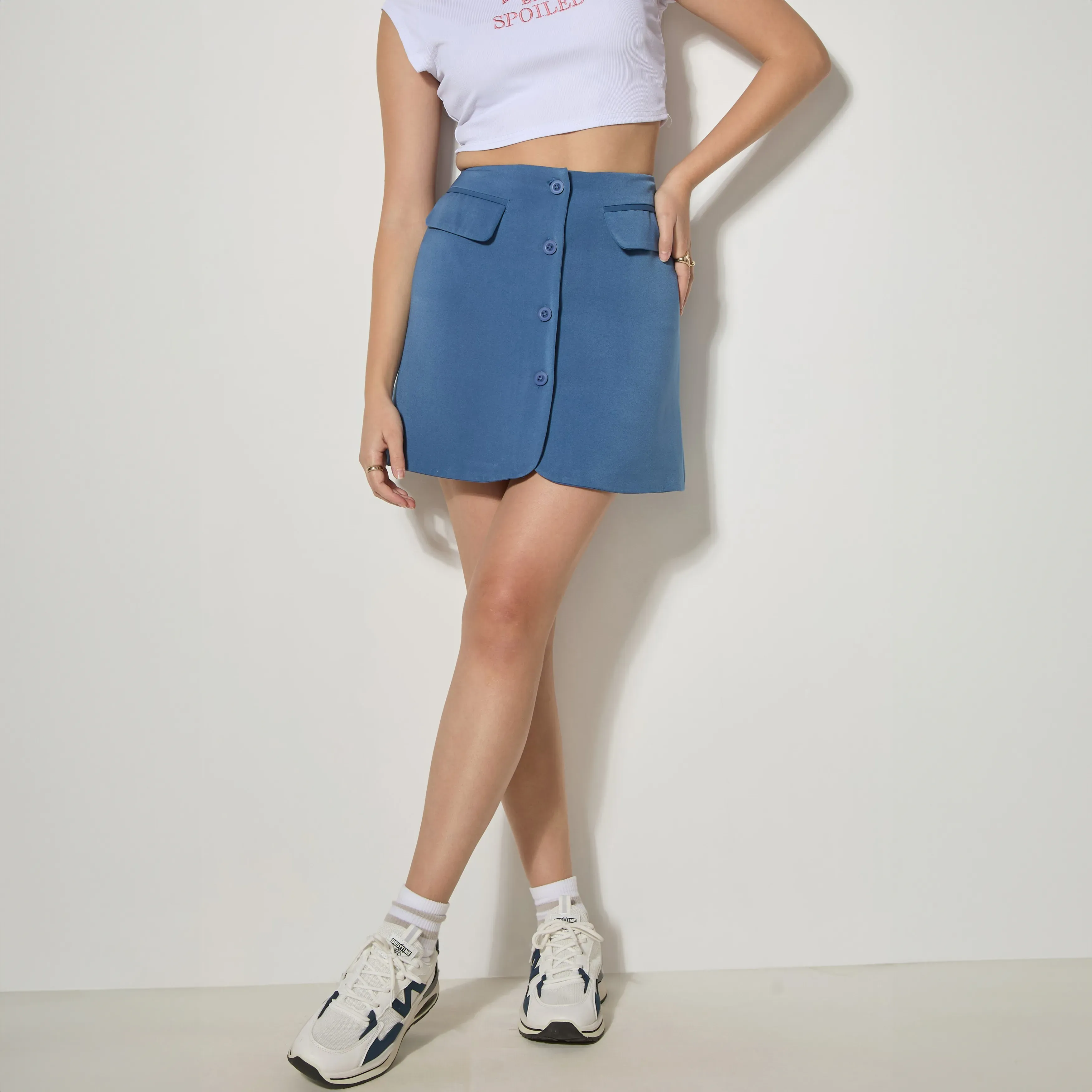 Blue Solid Mini Skirt - NEWME