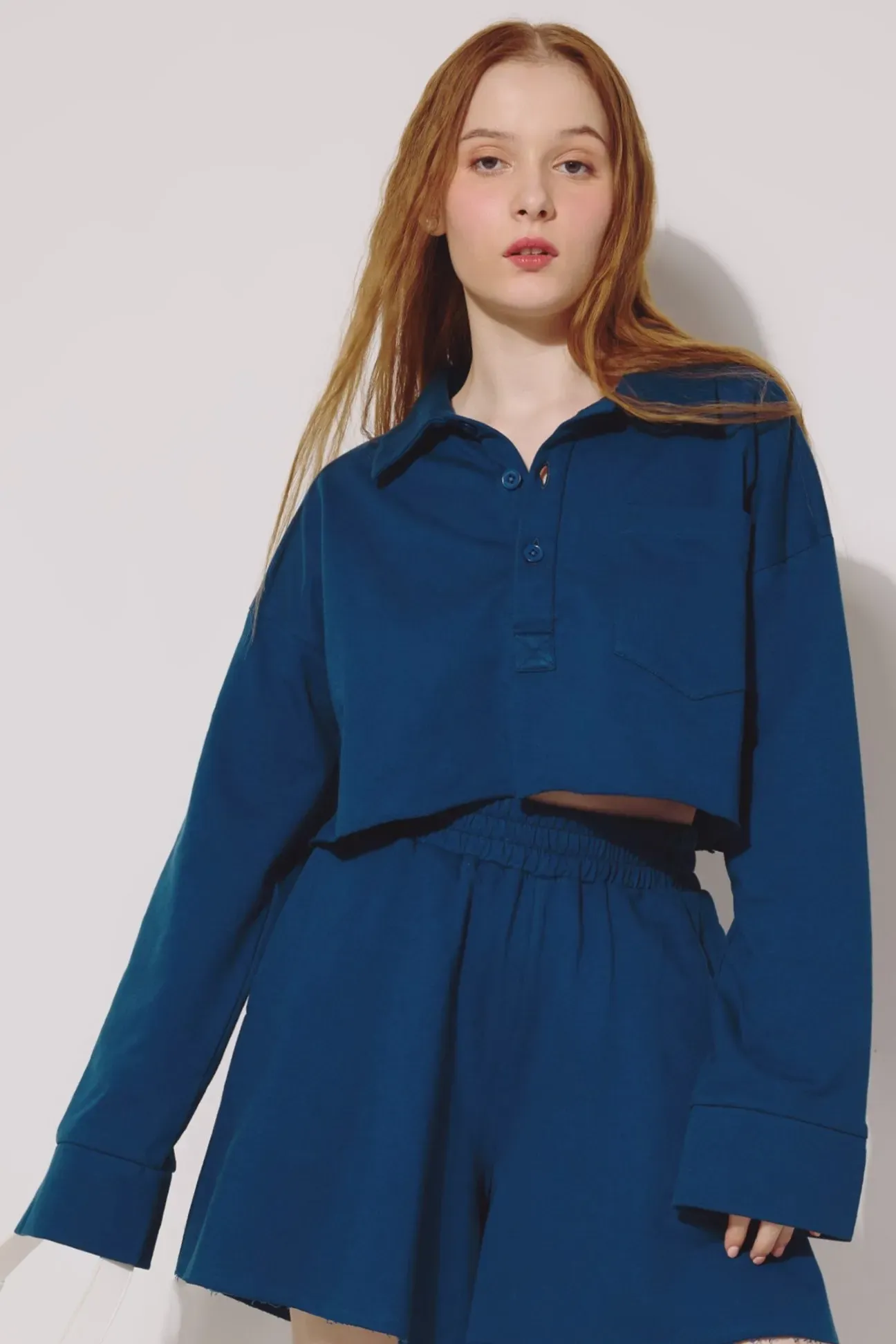 Blue Solid Collared Cropped Top - NEWME