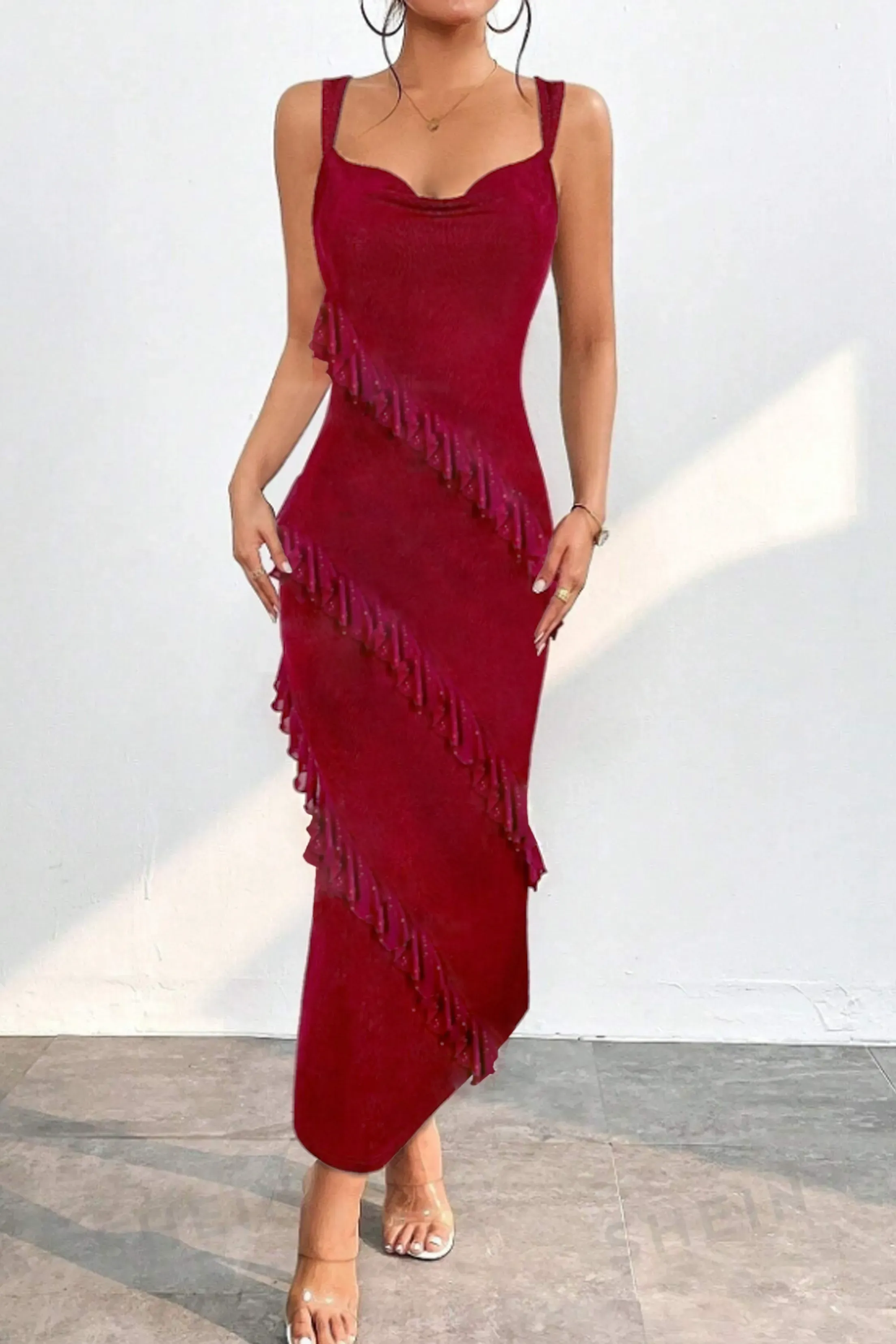 Maroon Solid Ruffle Midi Dress - NEWME