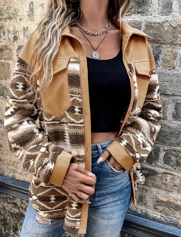 Khaki Aztec Pattern Jacket - NEWME