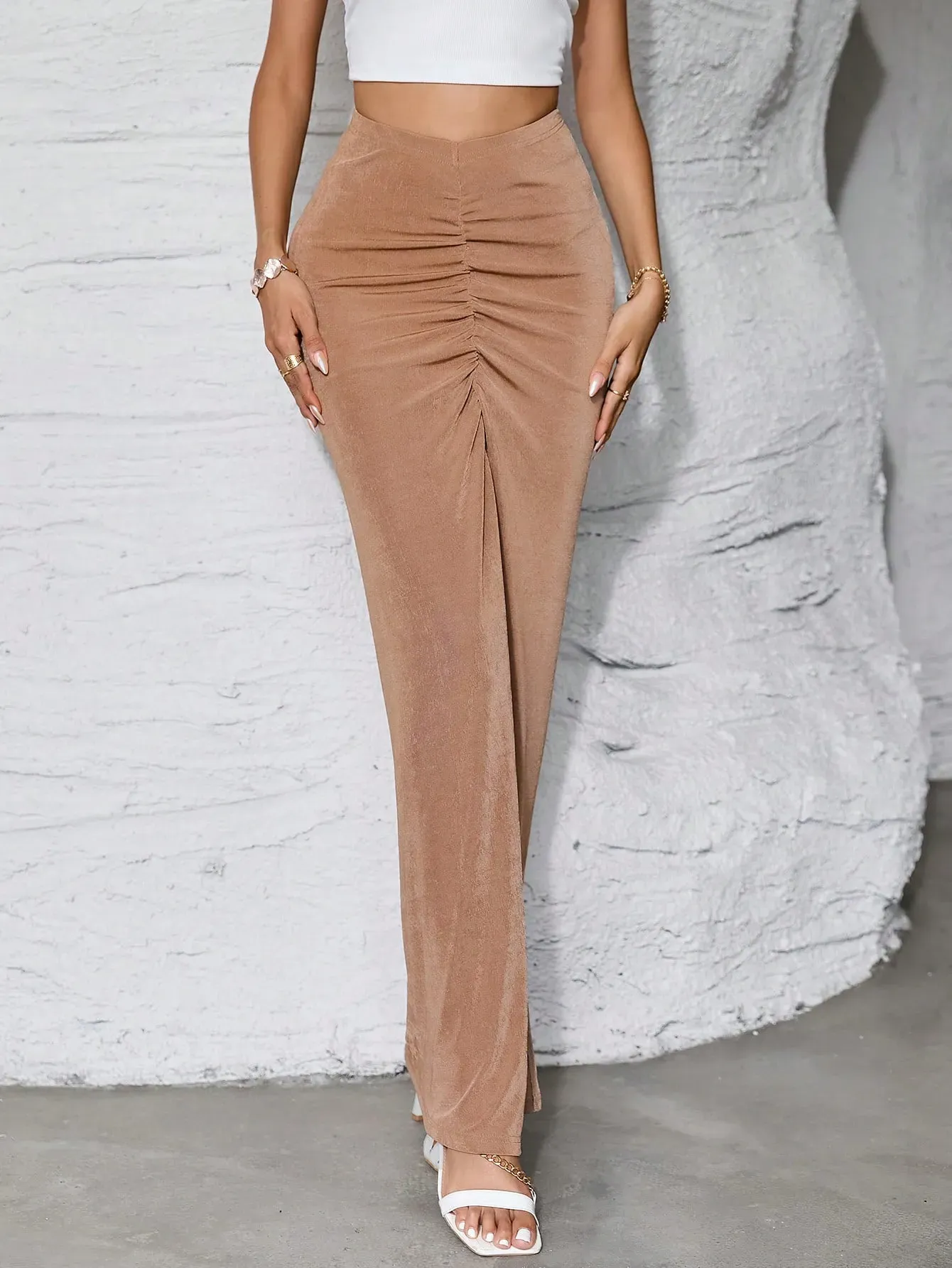Light Brown Straight Fit Skirt - NEWME