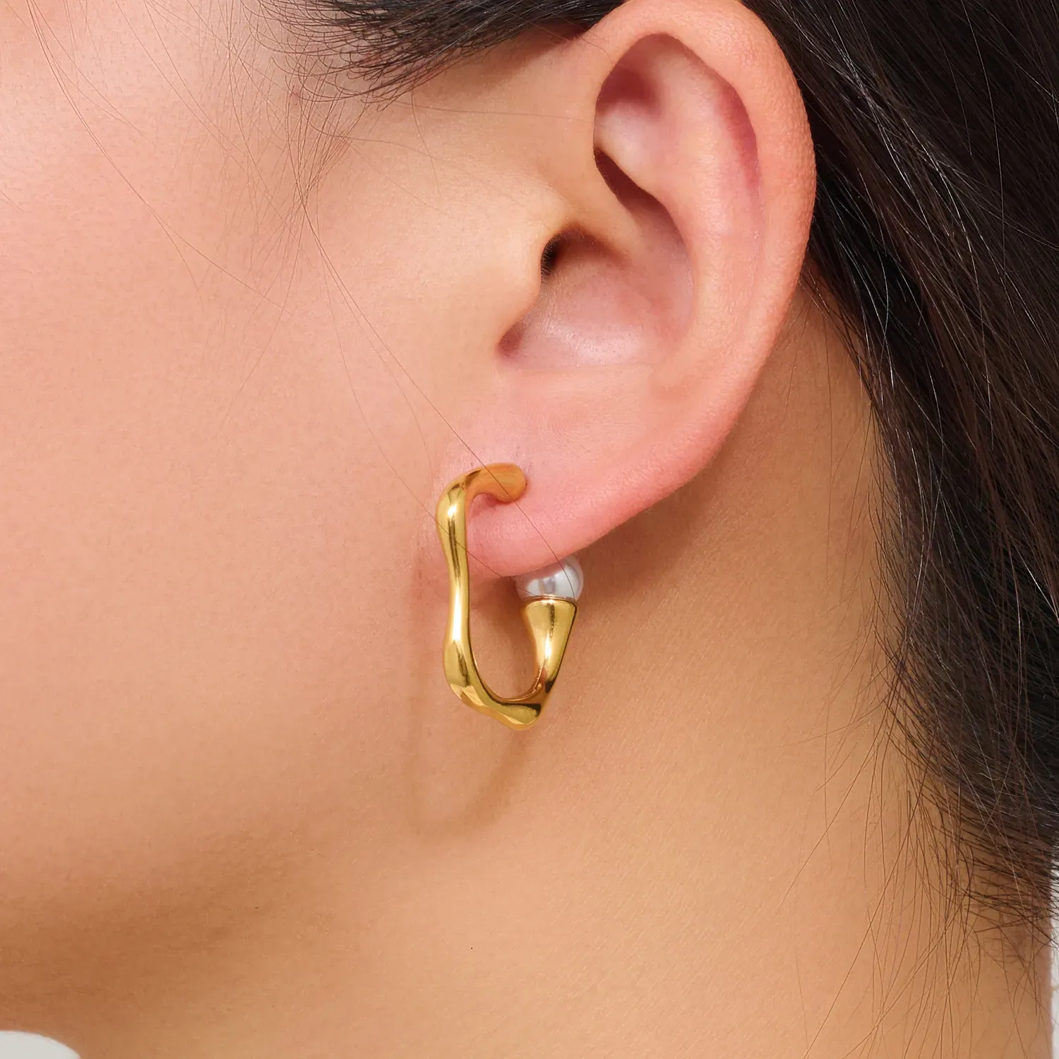 Gold Pearl Studded Abstract Hoop Earrings - NEWME